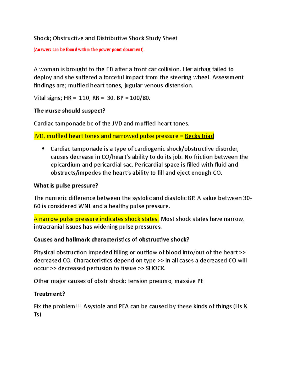Shock. Obstructive and Distributive Study Sheet - Shock; Obstructive ...