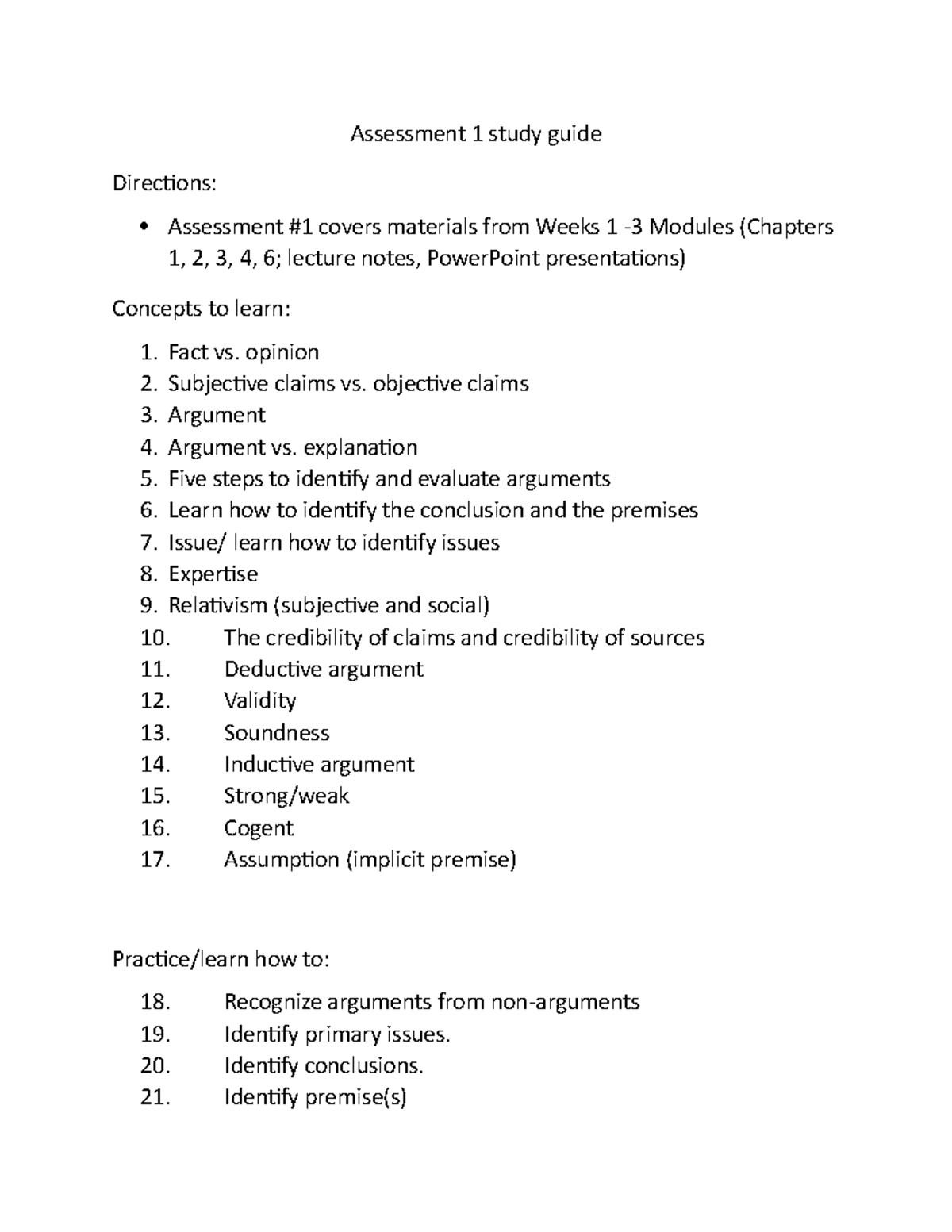 Assessment 1 study guide - Assessment 1 study guide Directions ...