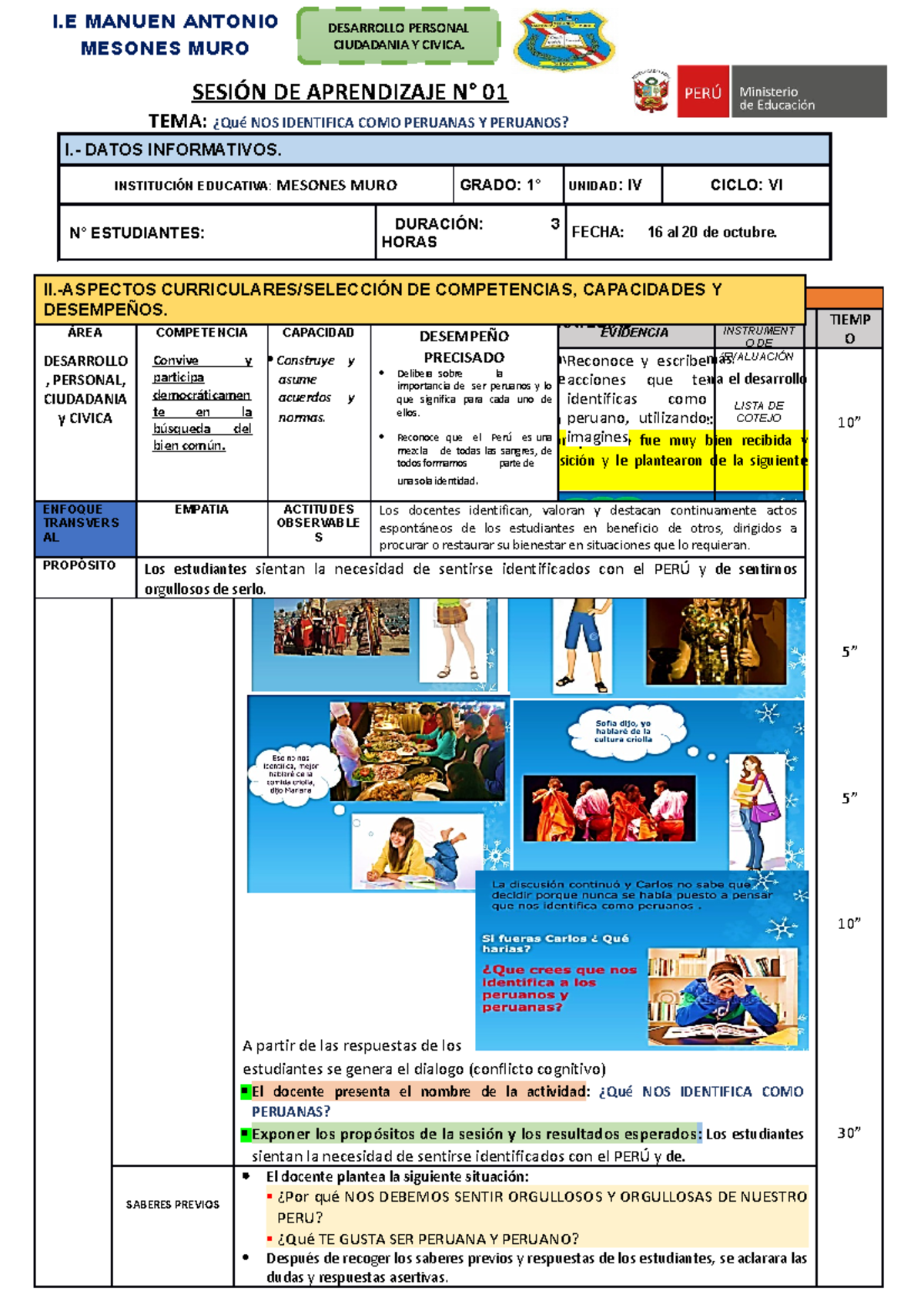 Sesión N° - DPCC 1° - QUE NOS Identifica COMO Peruanos - SESIÓN DE APRENDIZAJE N° 01 TEMA: ¿Qué ...
