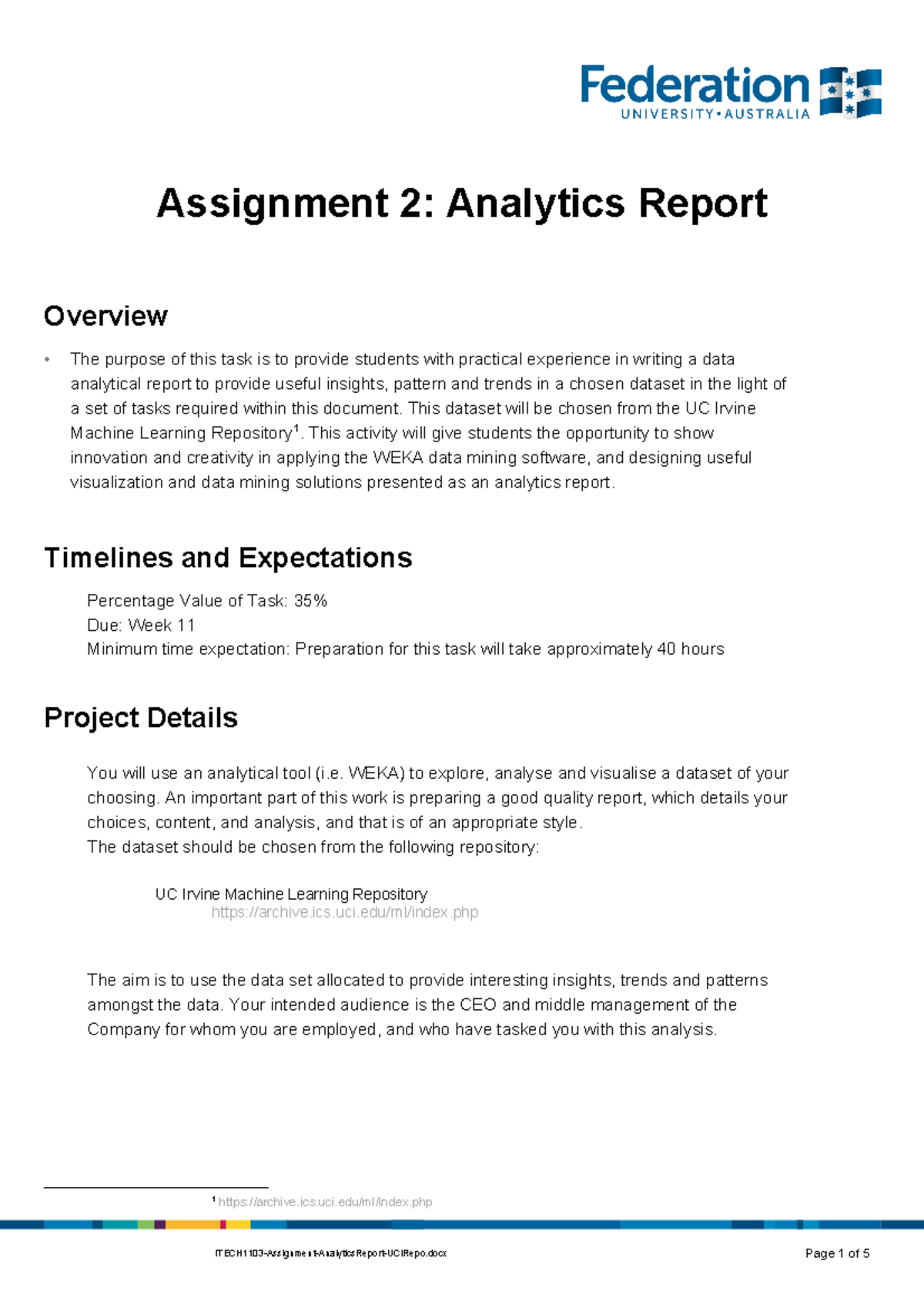 Itech 1103 Assignment Analytics Report Ucirepo 1 Assignment 2 Analytics Report Overview The