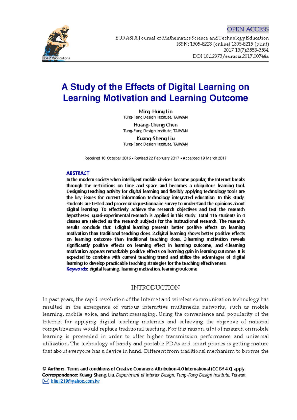 A study of the effects of digital learning on learning motivation and ...