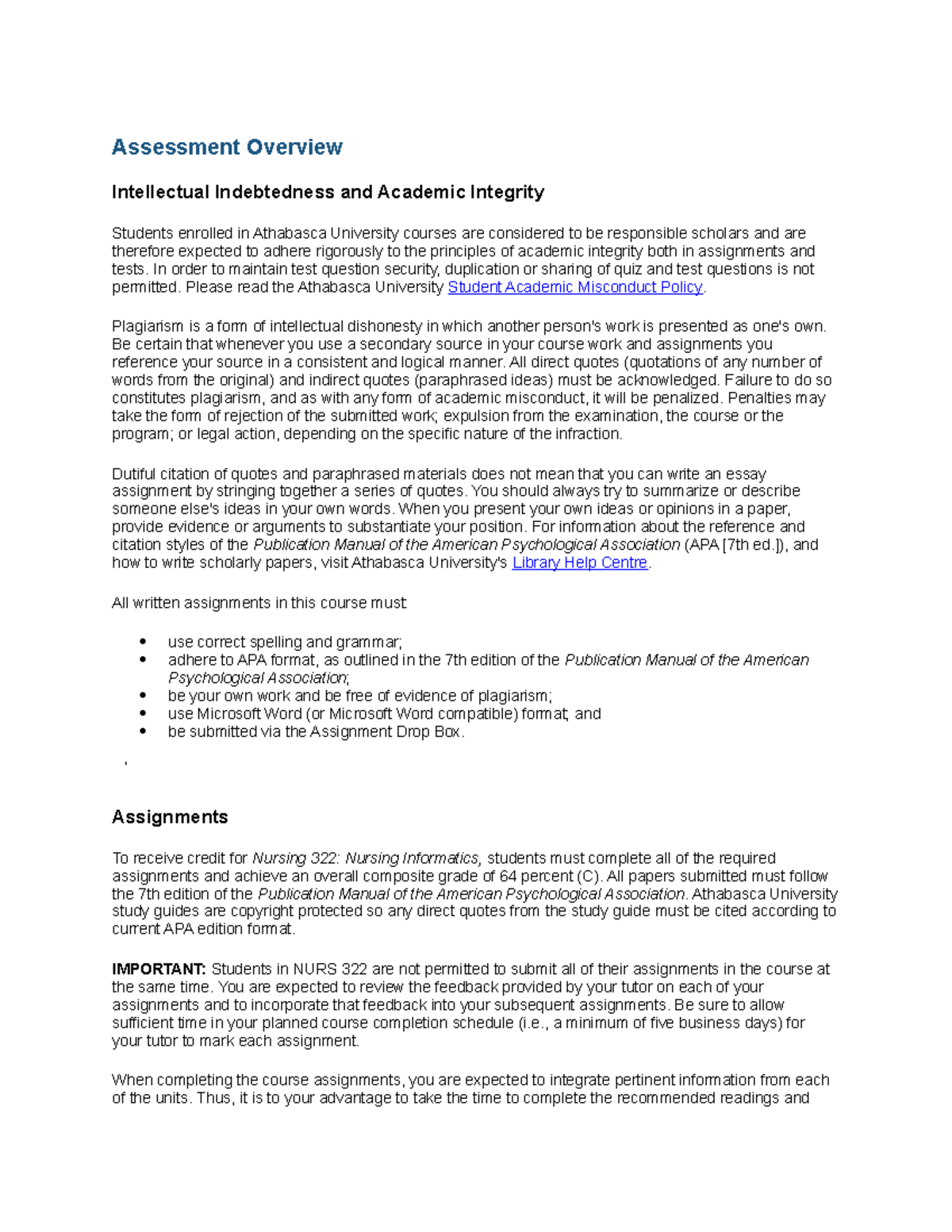 Assessment overview for each assignment - Assessment Overview ...