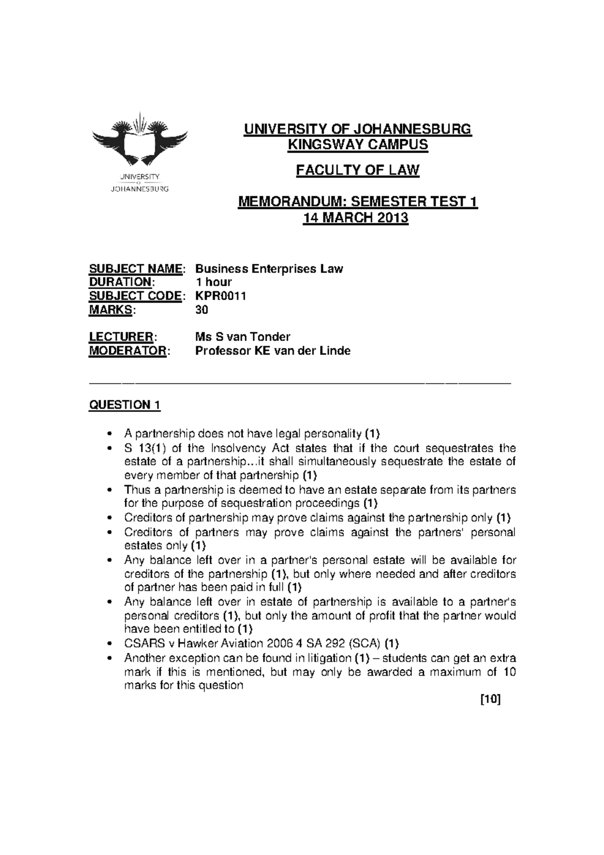 14 March 2013 Memo Buss Enter - UNIVERSITY OF JOHANNESBURG KINGSWAY ...