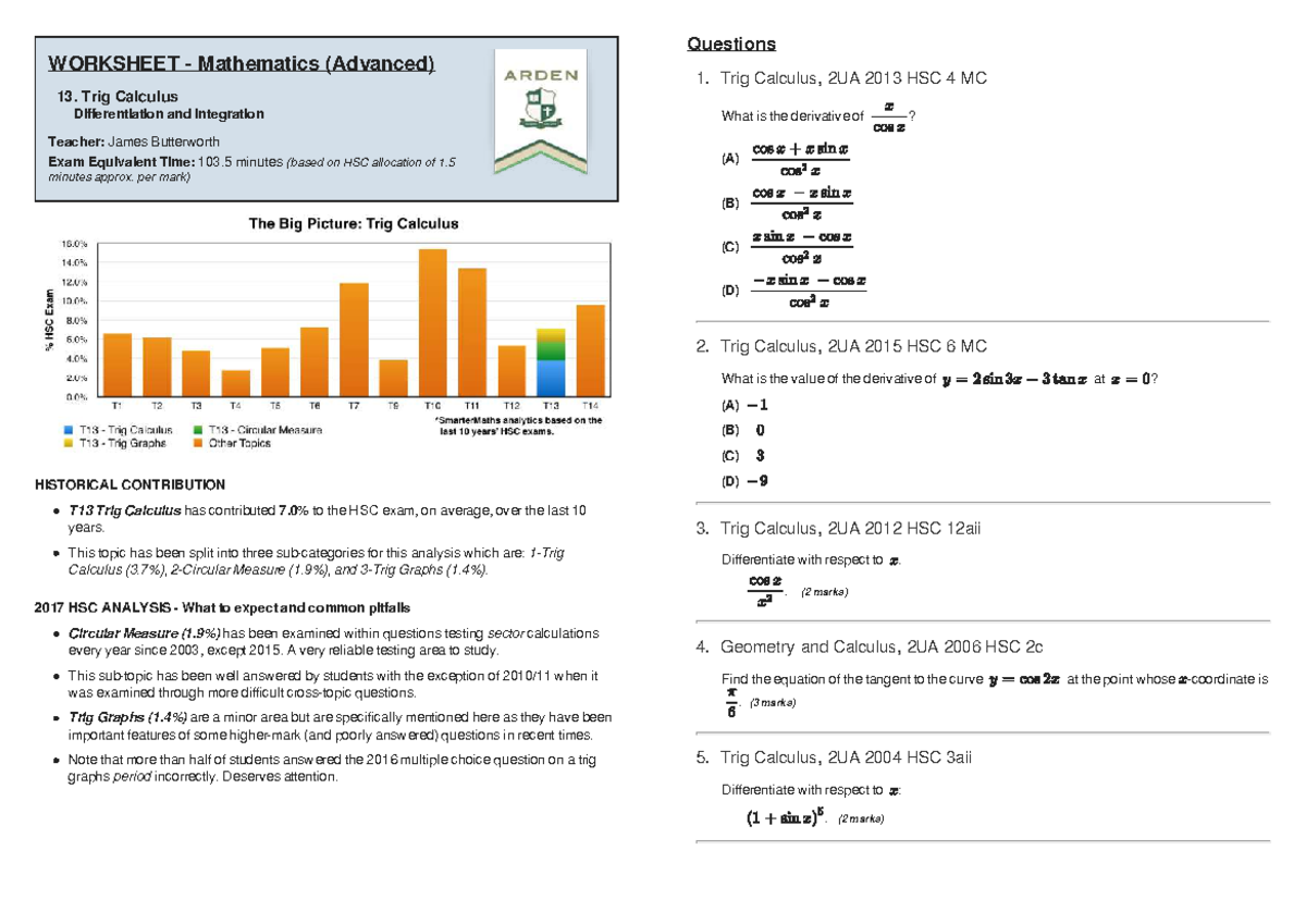 2019 MA Differentiation and Integration Worksheet HSC Questions w ...