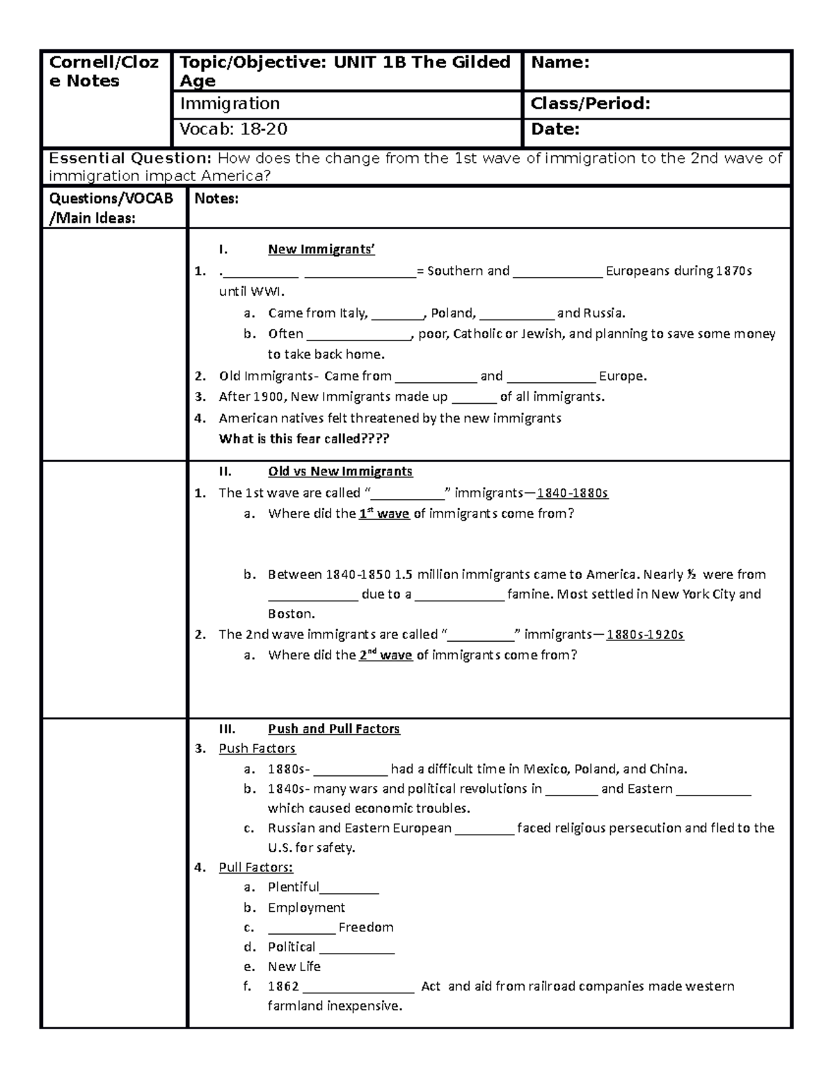 Unit 1B immigration notes - Cornell/Cloz e Notes Topic/Objective: UNIT ...