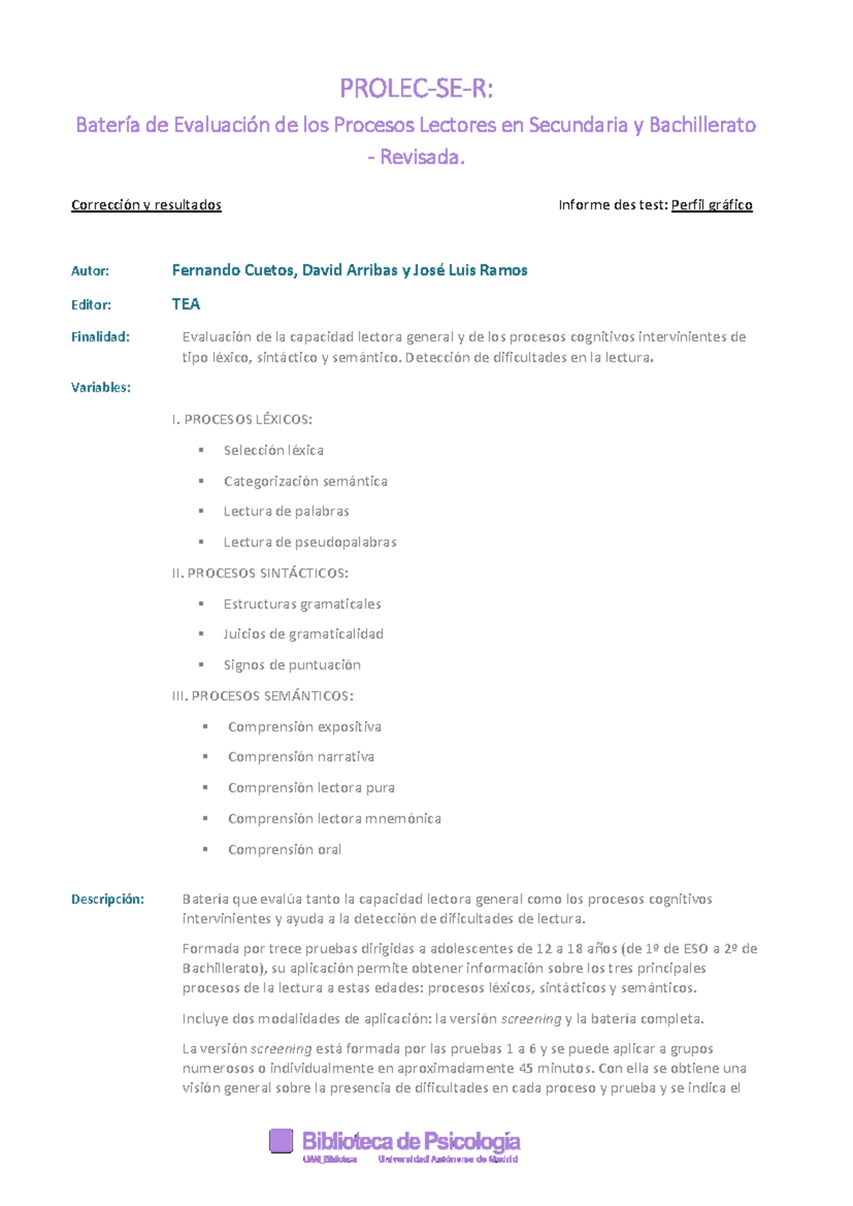 Prolec-SE-R - PROLEC-SE-R: Batería de Evaluación de los Procesos ...