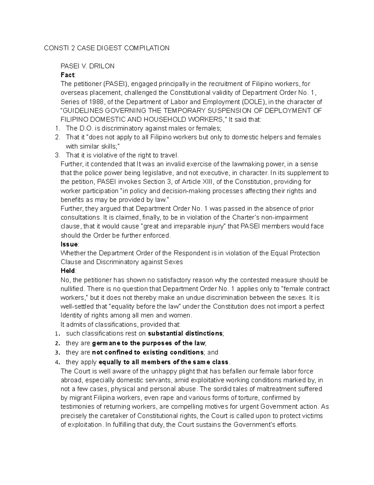 Module 1 Consti Case Digest - CONSTI 2 CASE DIGEST COMPILATION PASEI V. DRILON Fact: The ...
