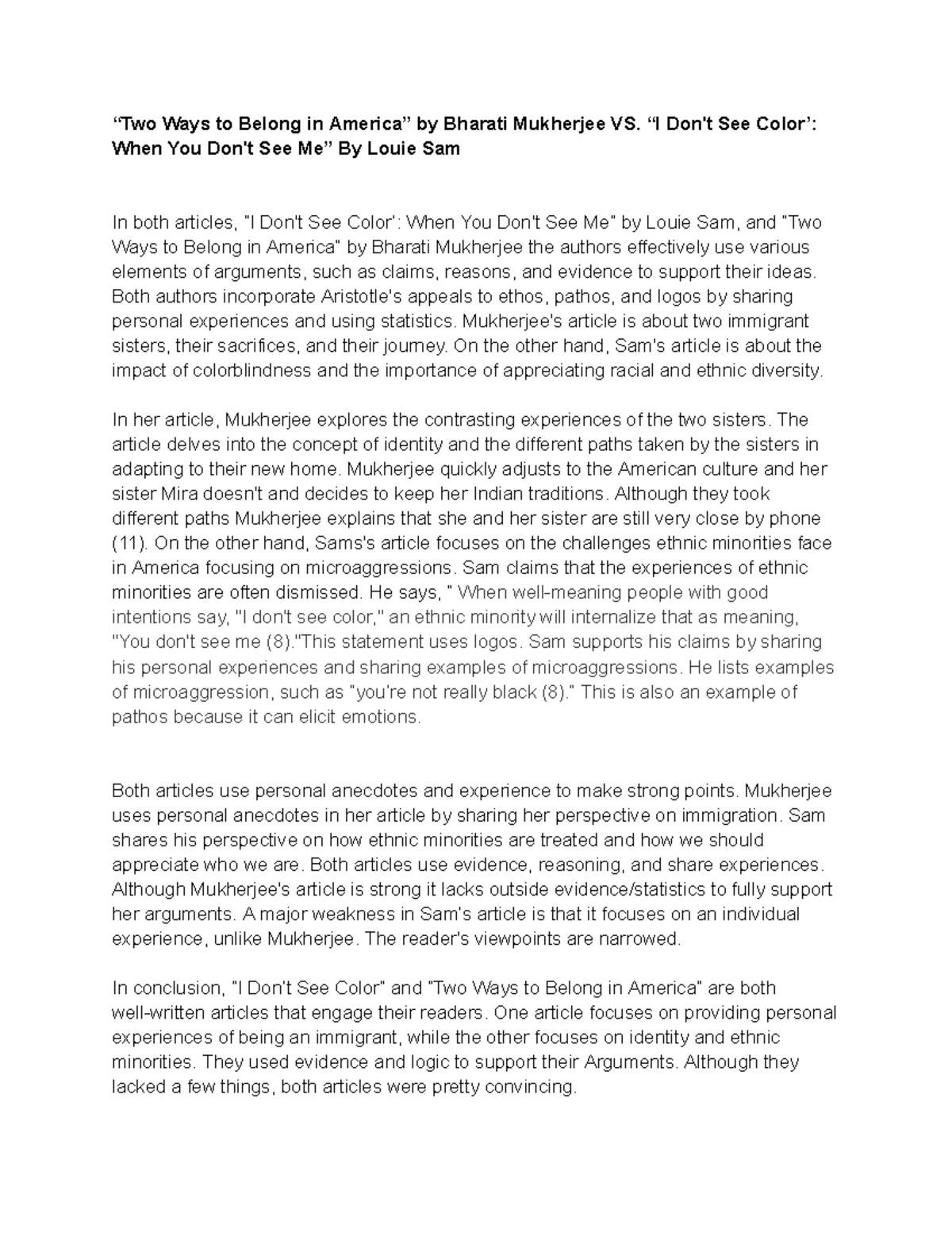 “Two Ways to Belong in America” by Bharati Mukherjee VS - “I Don't See ...