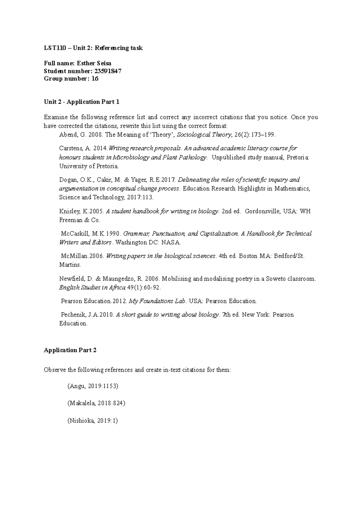 LST 110 - Unit 2 Referencing task - LST110 – Unit 2: Referencing task ...