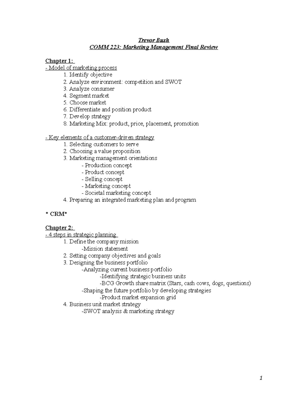 Comm223 Final Review - Trevor Bush COMM 223: Marketing Management Final ...