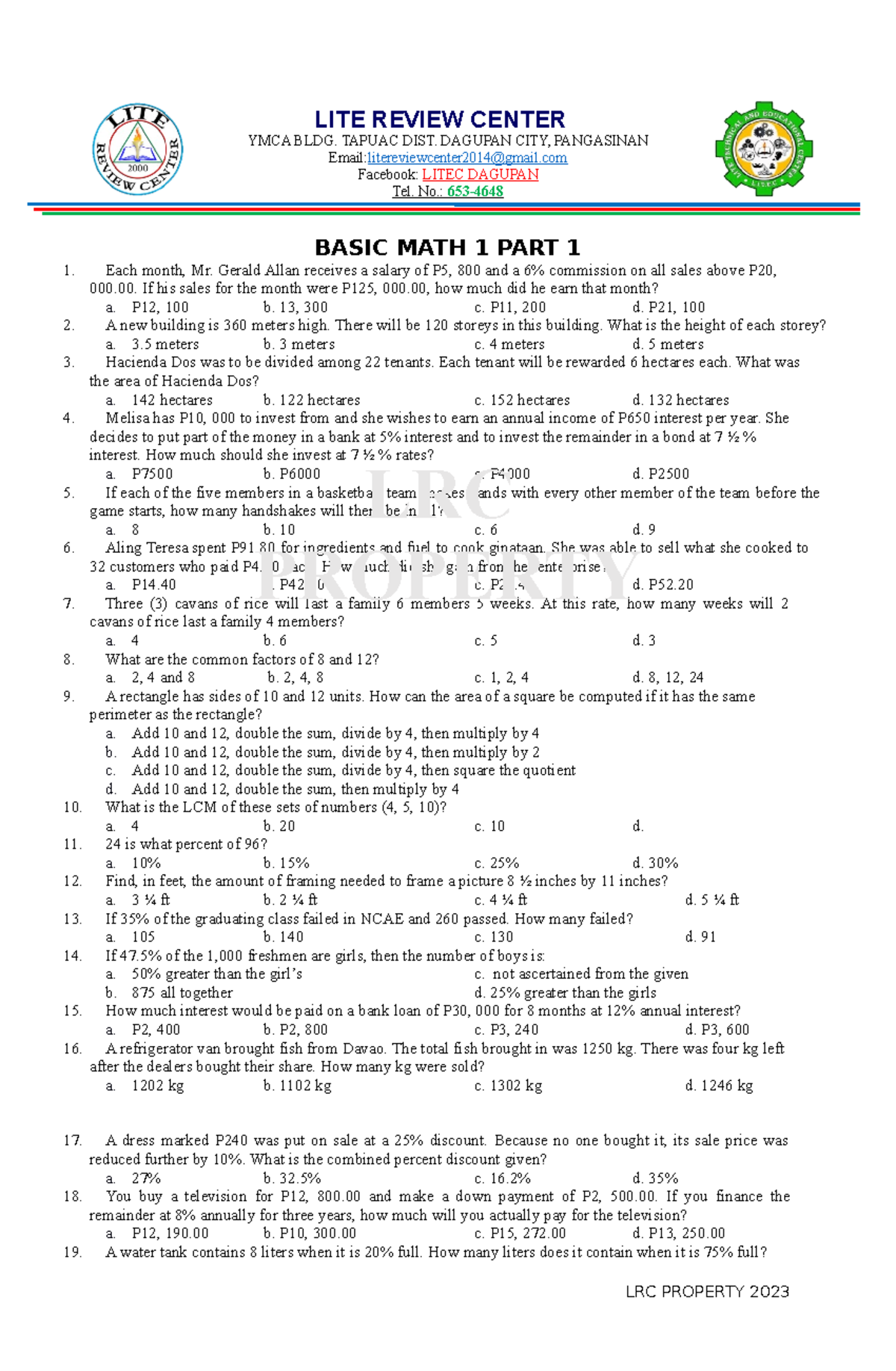 Basic math 1 and 2 - LITE REVIEW CENTER YMCA BLDG. TAPUAC DIST. DAGUPAN ...