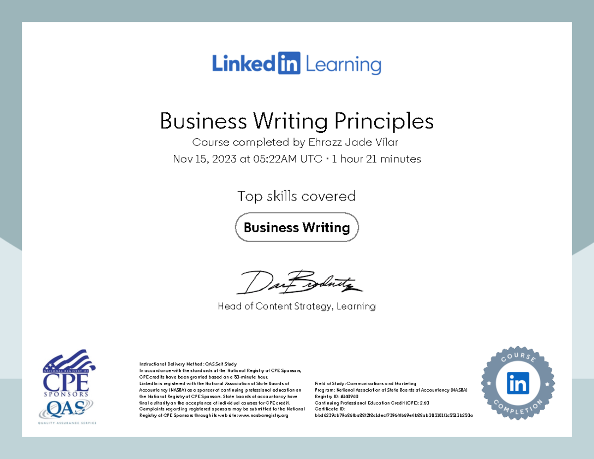 Certificate Of Completion Business Writing Principles - Business ...