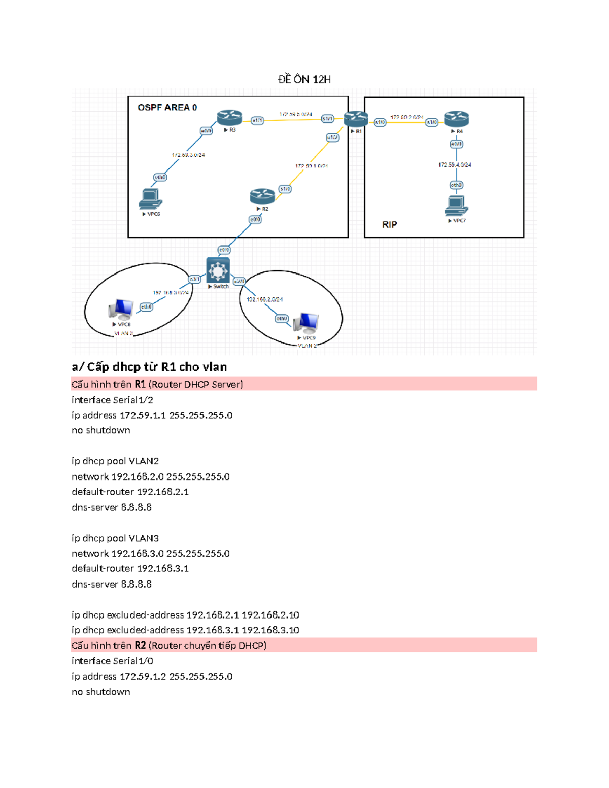 Dhcp - DTCM - ĐỀ ÔN 12H a/ Cấp dhcp từ R1 cho vlan Cấu hình trên R1 (Router DHCP Server ...