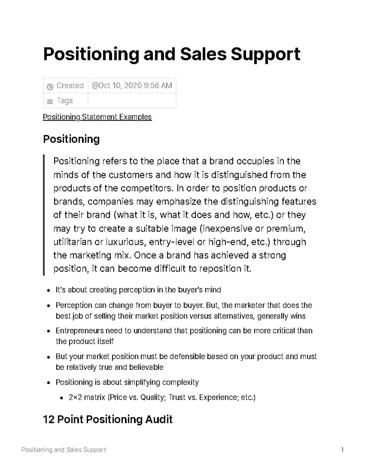 ENTR 413 (Ted Dacko): Positioning and Sales Support - Positioning and ...