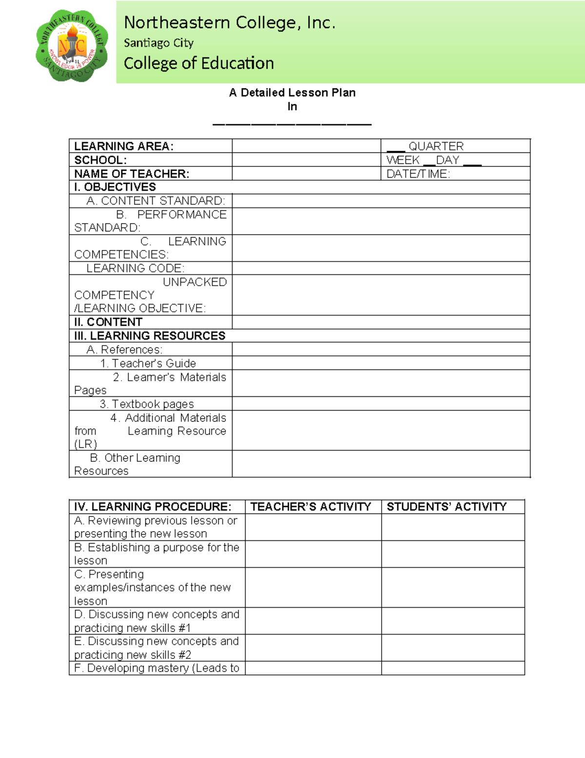 A-Detailed-Lesson-Plan-Format - Northeastern College, Inc. Santiago ...