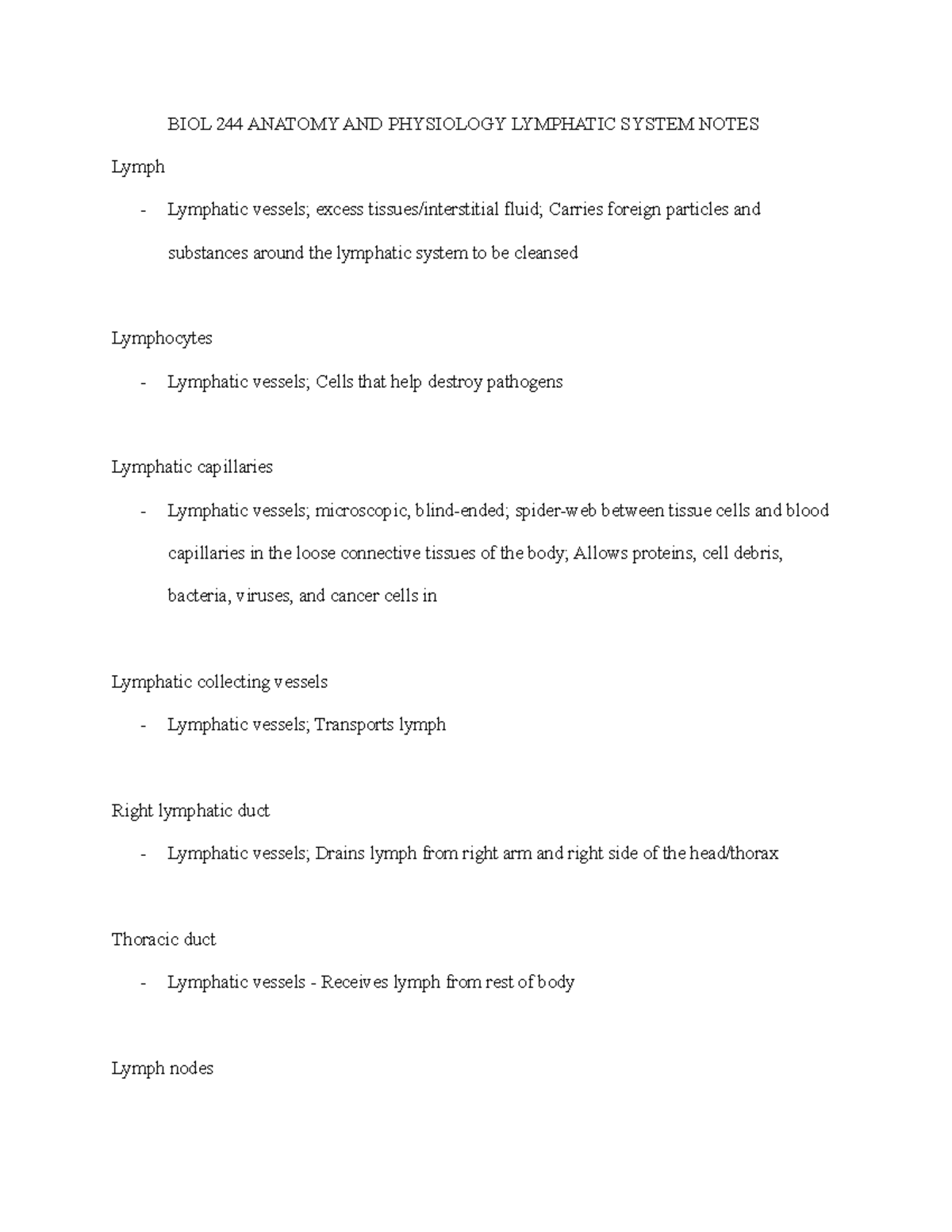 BIOL 244 Anatomy AND Physiology Lymphatic System Notes - BIOL 244 ...