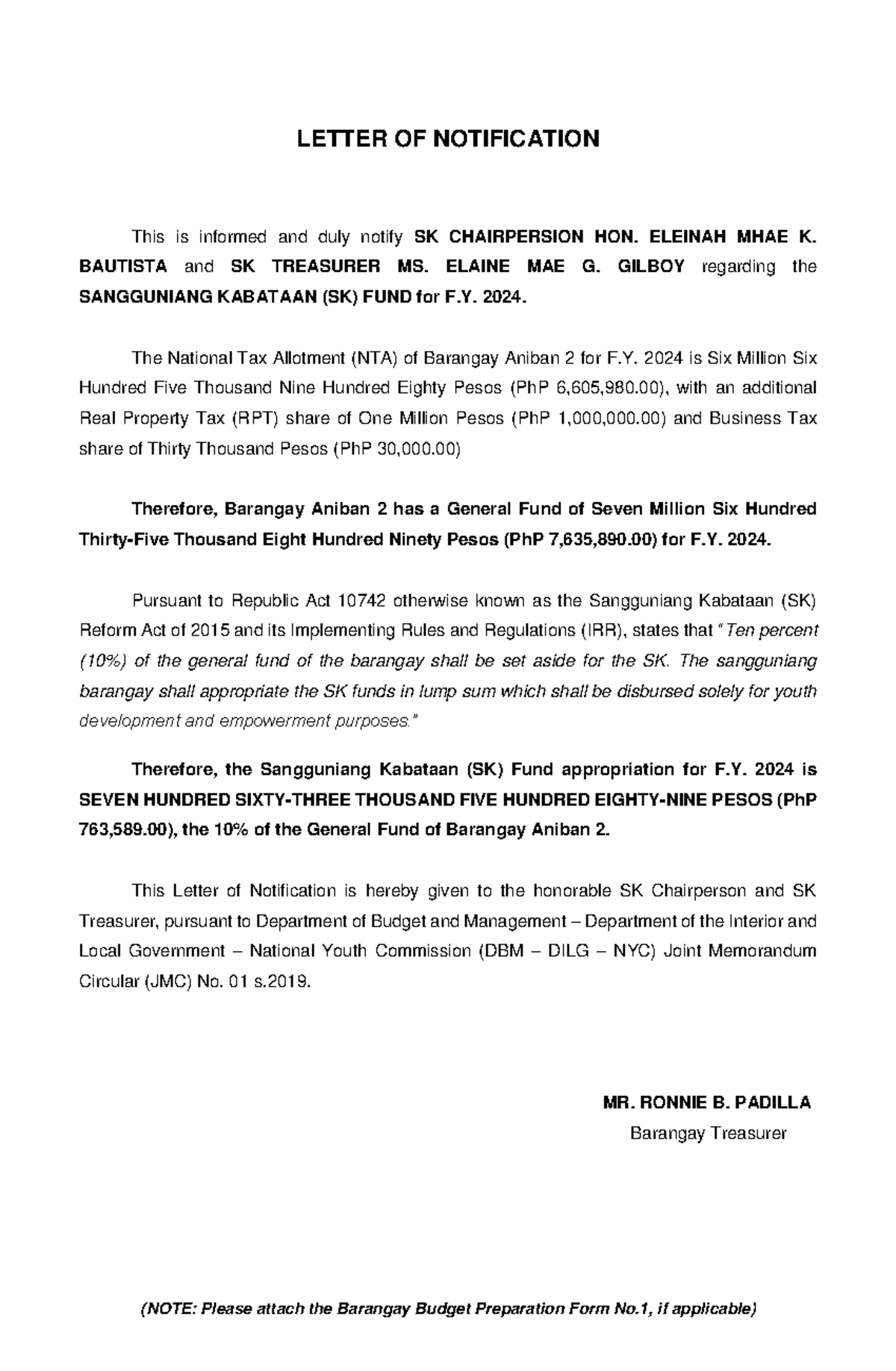 Letter-OF- Notification - (NOTE: Please attach the Barangay Budget ...