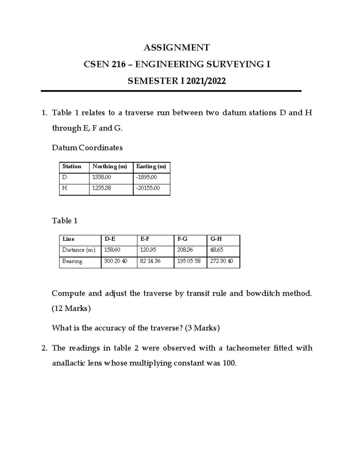 CSEN216 Assignment 2021 2022 - ASSIGNMENT CSEN 216 – ENGINEERING SURVEYING I SEMESTER I 2021/ 1 ...