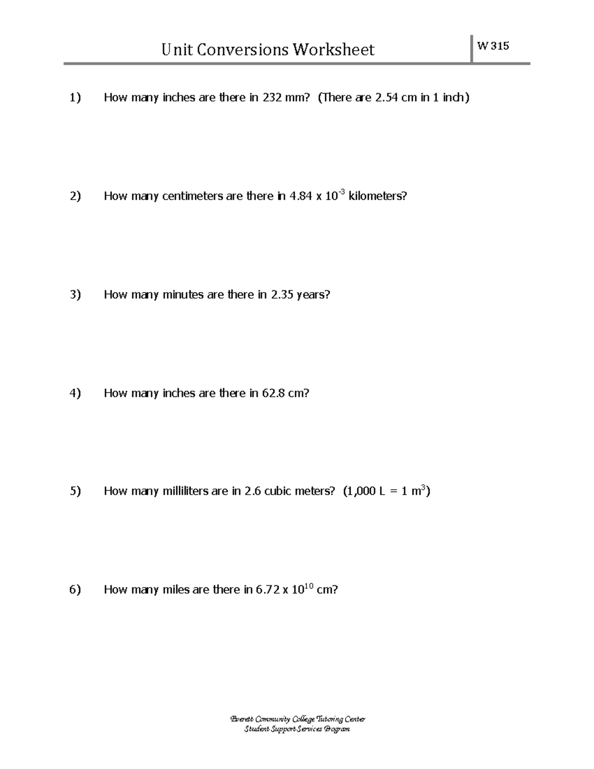 W315 unit conversions worksheet 2 - Unit Conversions Worksheet W 315 ...