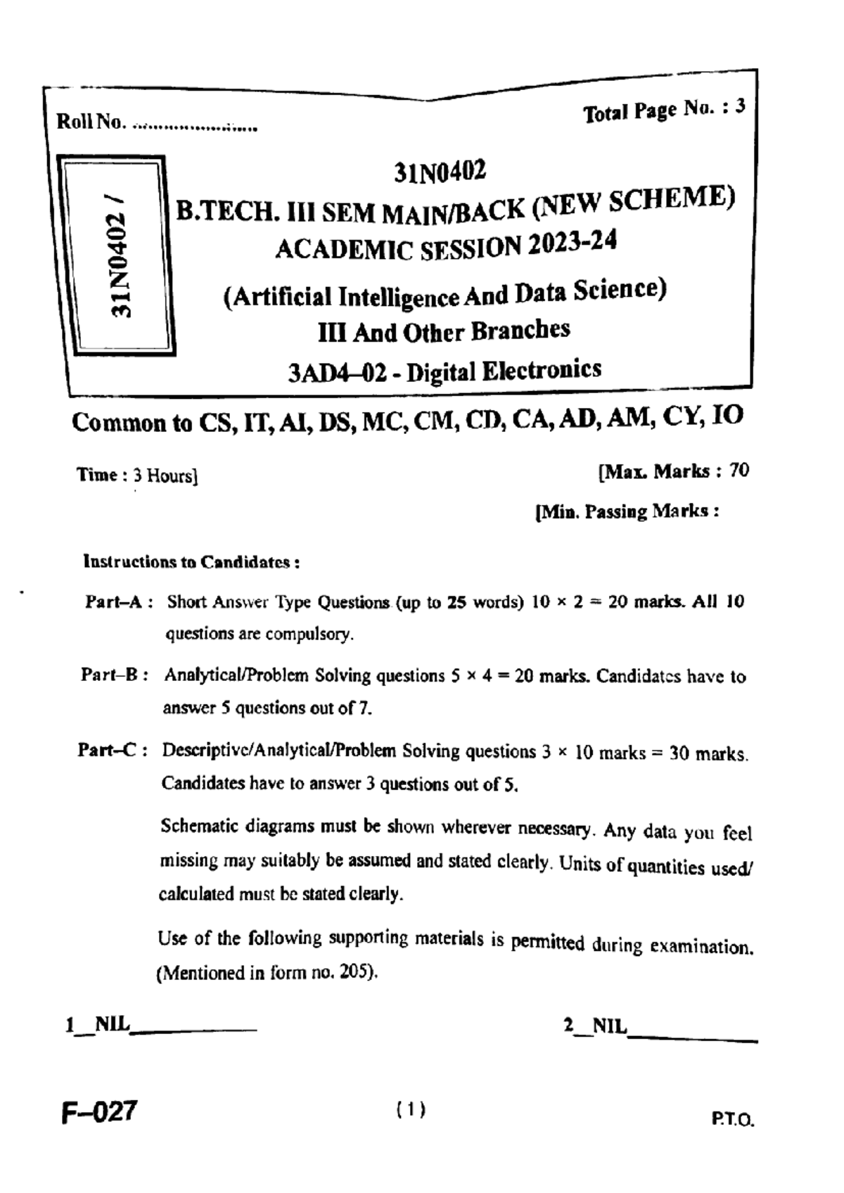Btech cs it 3 sem digital electronics 31n0402 2024 - Roll No. Total Page No. : 3 31N0402 B. SEM ...