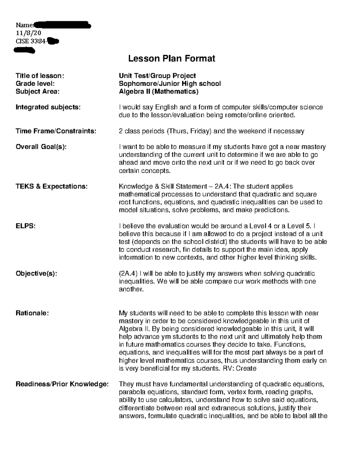 Secondary Lesson Plan Templete Algebra II - Name: Baldwin, Jasmine 11/8 ...