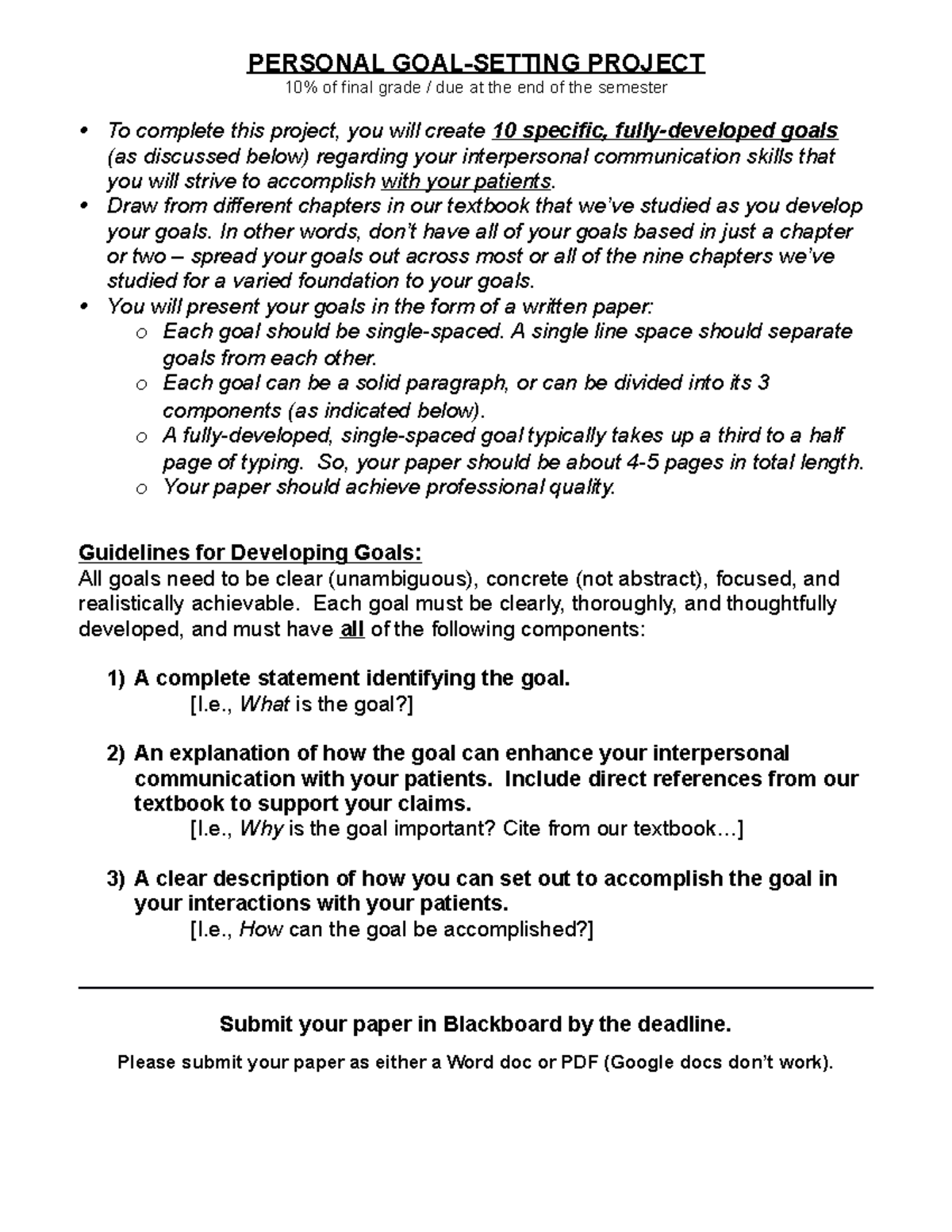 Personal Goal-Setting Project - PERSONAL GOAL-SETTING PROJECT 10% of ...