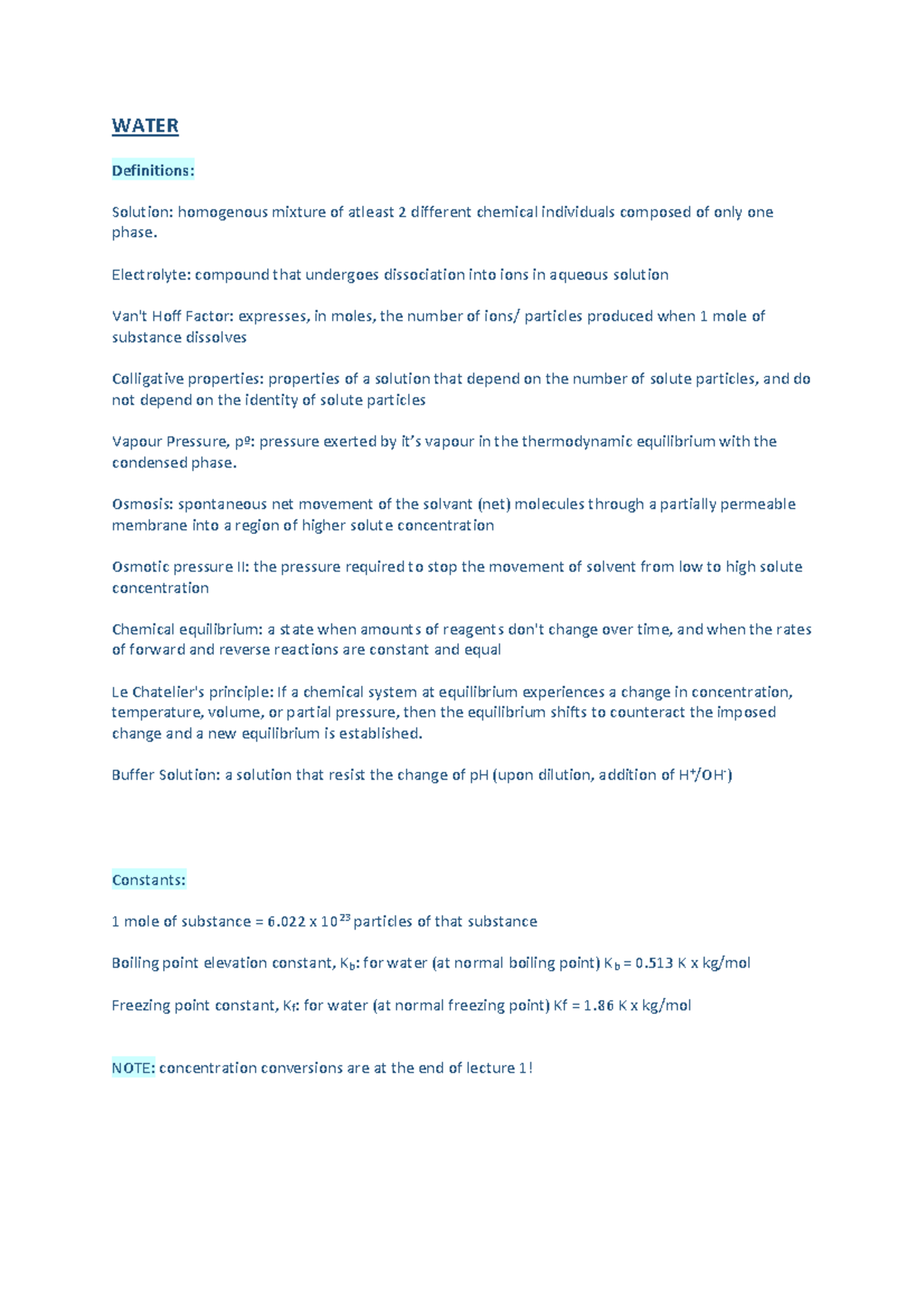 Water Notes - WATER Definitions: Solution: homogenous mixture of ...