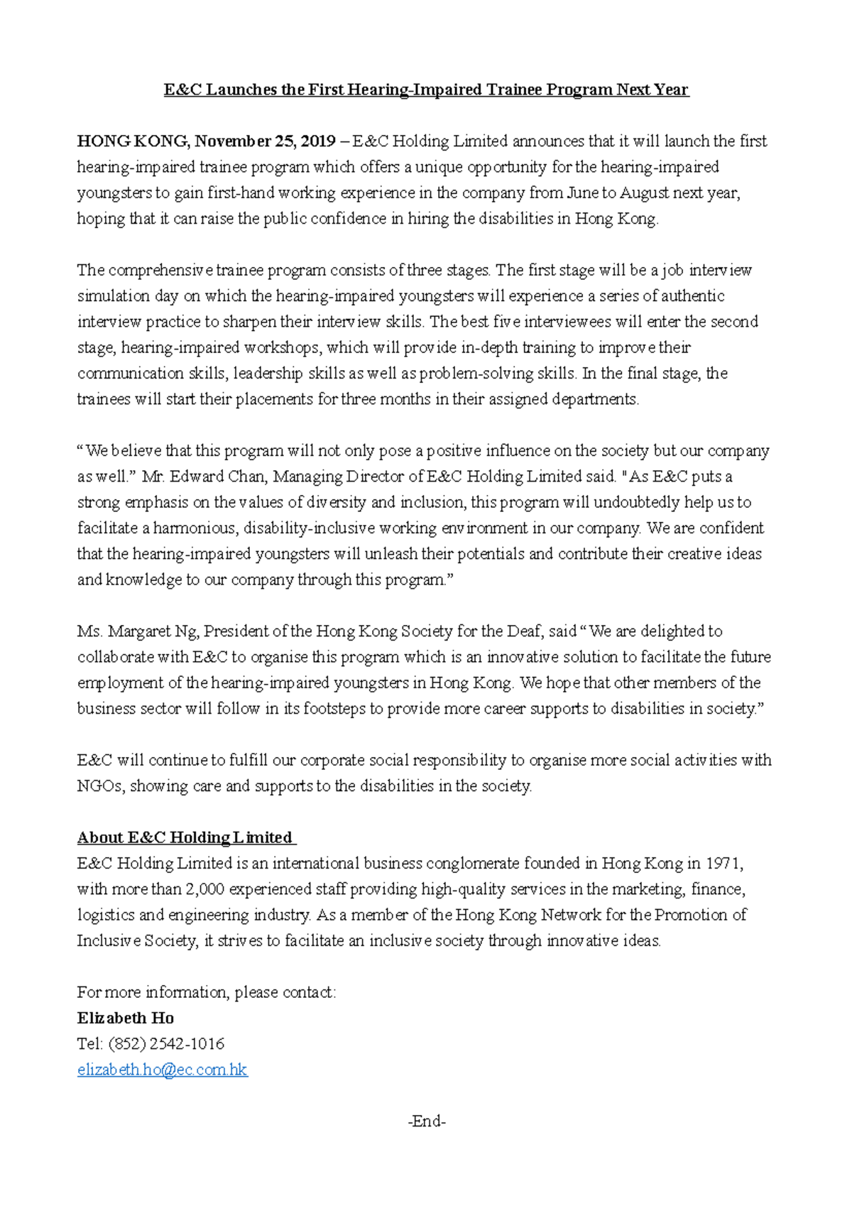 ELC assessment- Press release - E&C Launches the First Hearing-Impaired ...
