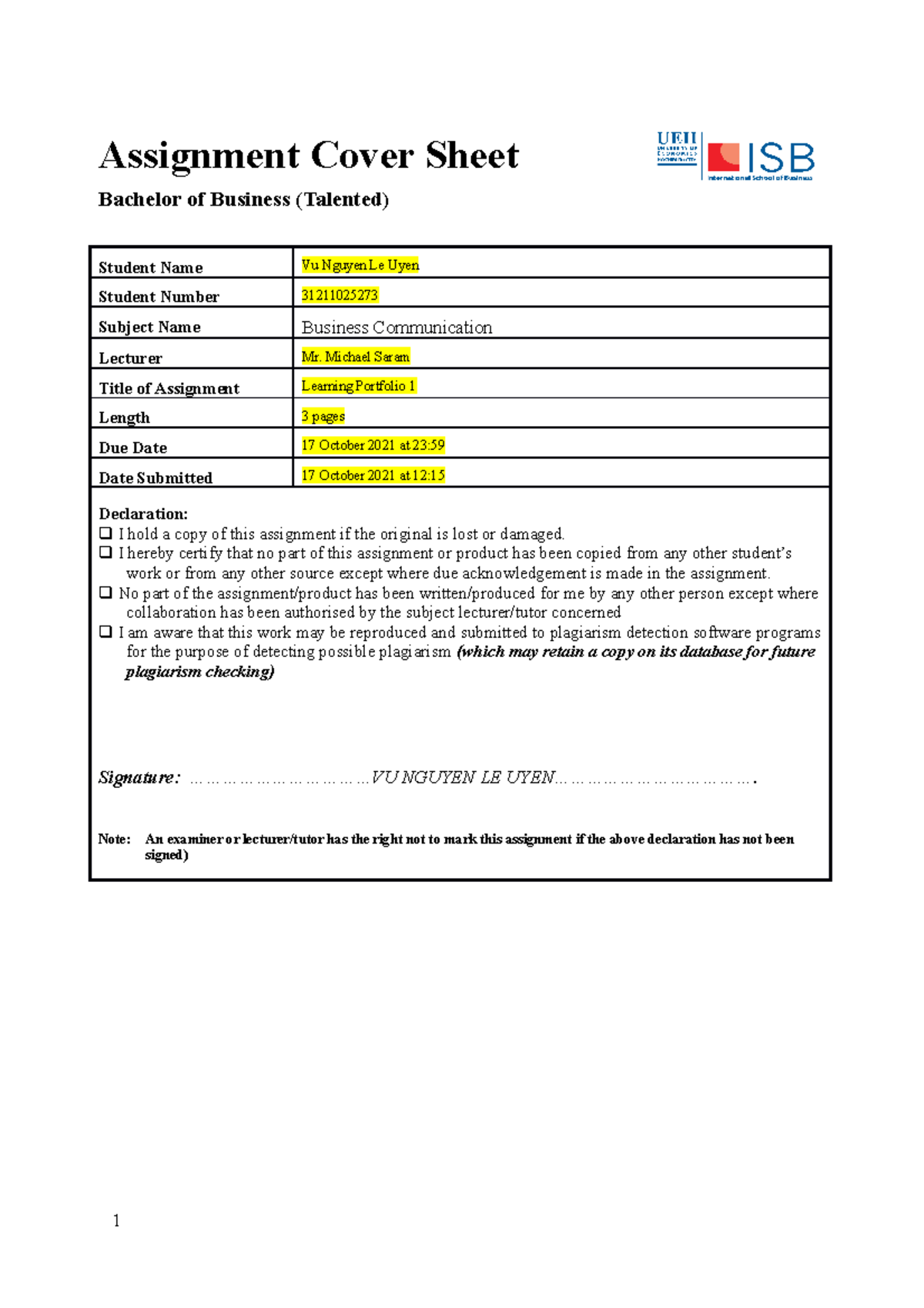 LP1 31211025273 Vu-Nguyen-Le-Uyen BC5 - Assignment Cover Sheet Bachelor ...