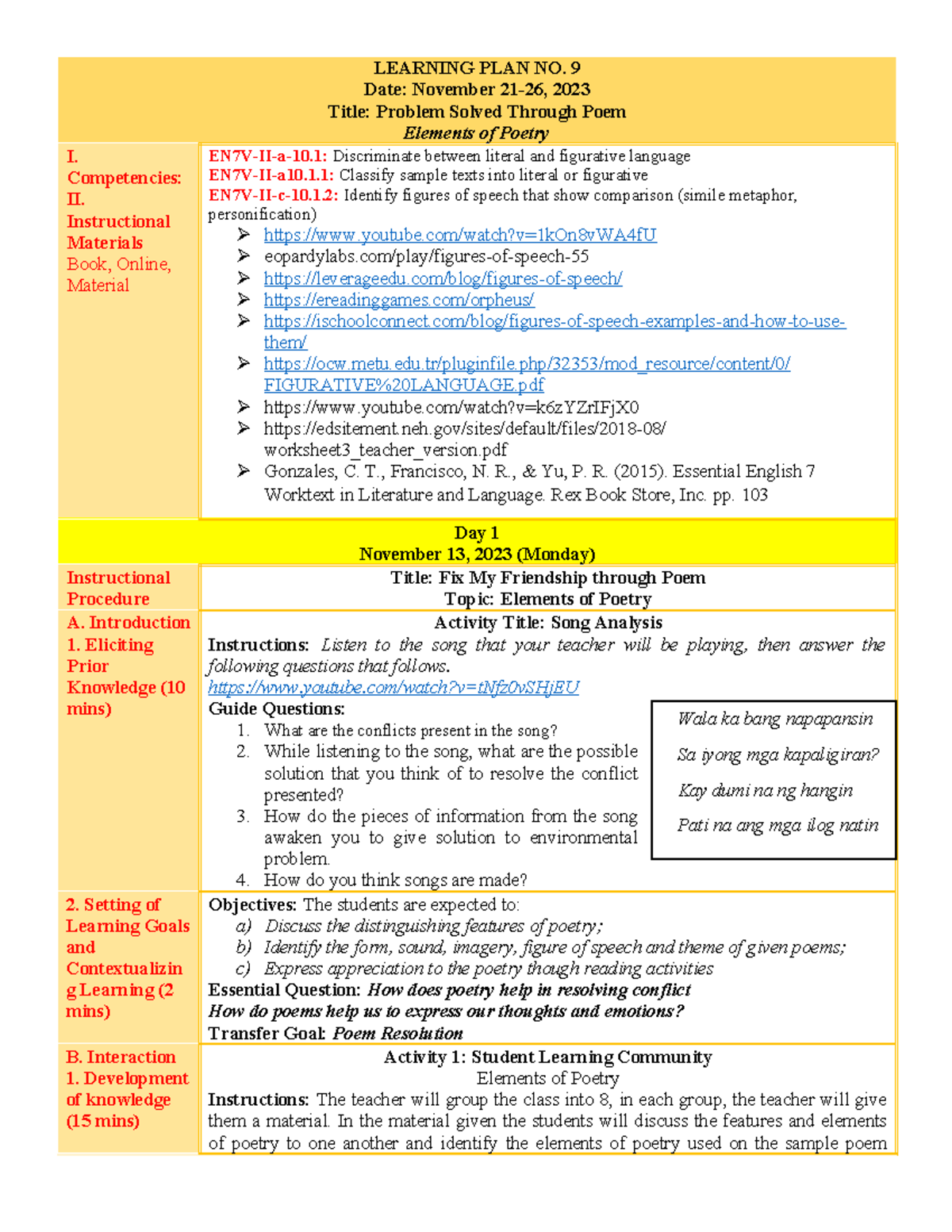 Learning PLAN Elements OF Poetry - LEARNING PLAN NO. 9 Date: November ...