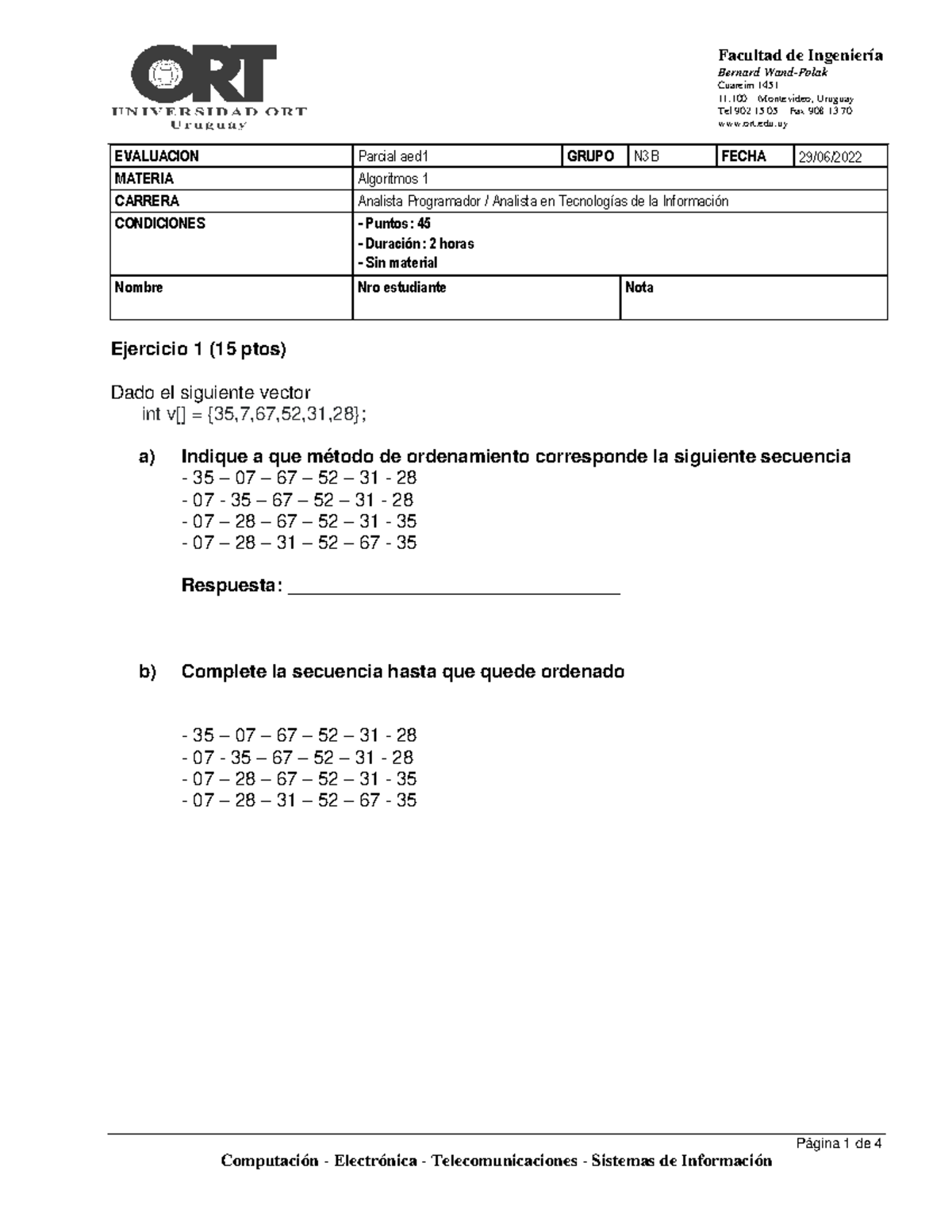 Parcial Algoritmos Y Estructura De Datos Ort 2 Página 1 De 4 Bernard Wand Polak Cuareim 1451 
