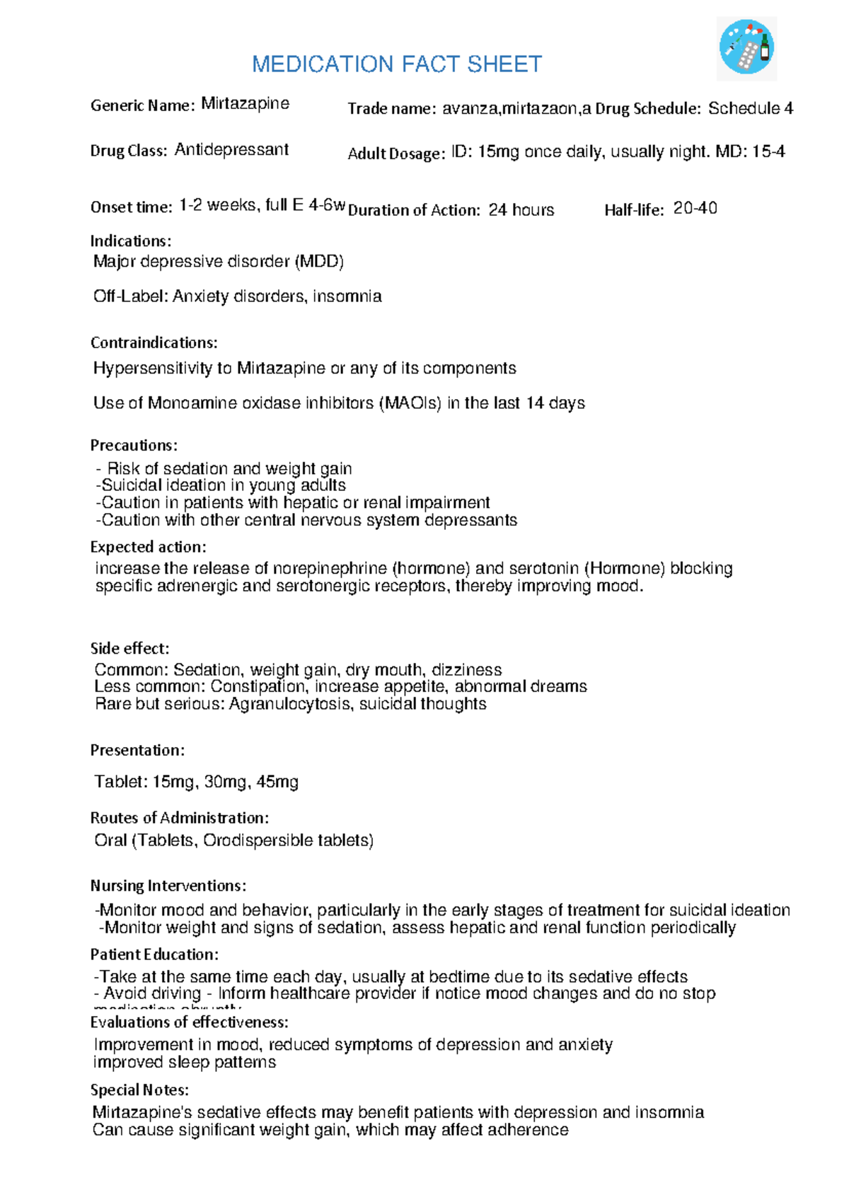 Med fact sheet Mirtazapine - NS1882 - MEDICATION FACT SHEET Generic ...