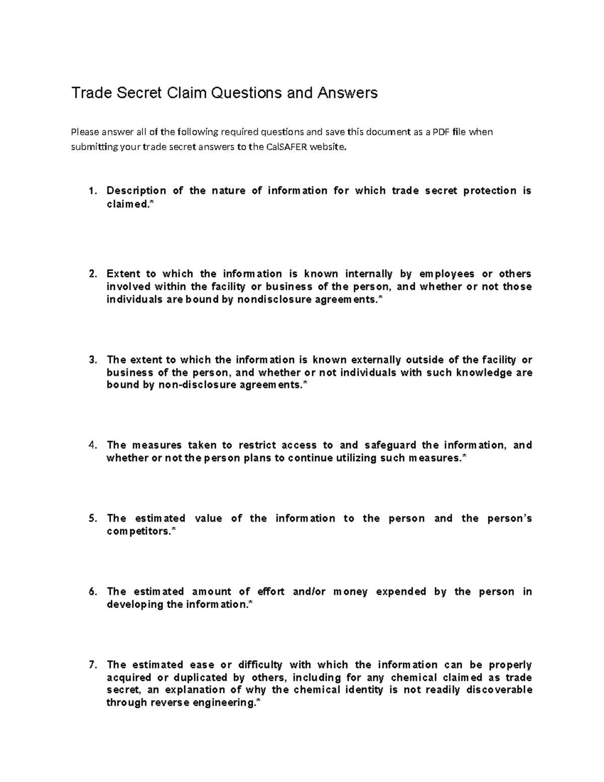 Trade Secret Claim Questions and Answers - 1. Description of the nature ...