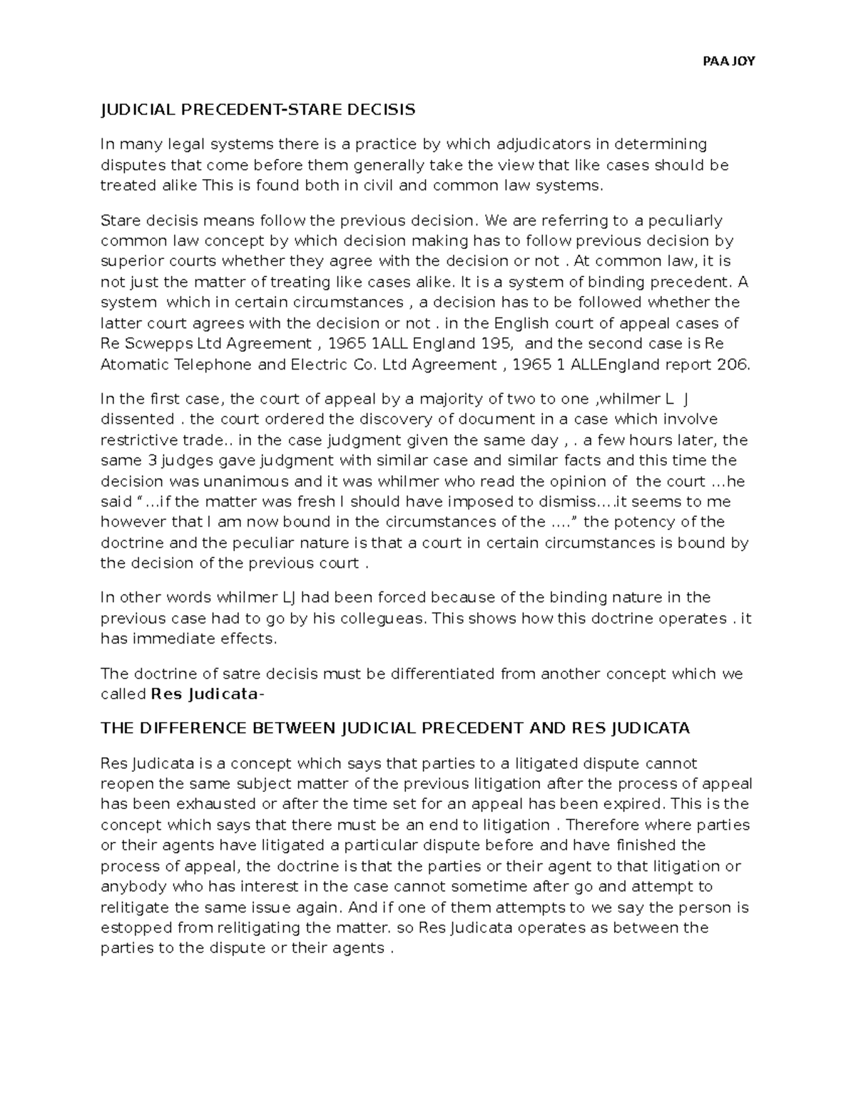 Stare decisis - judicial proceedings - JUDICIAL PRECEDENT-STARE DECISIS ...