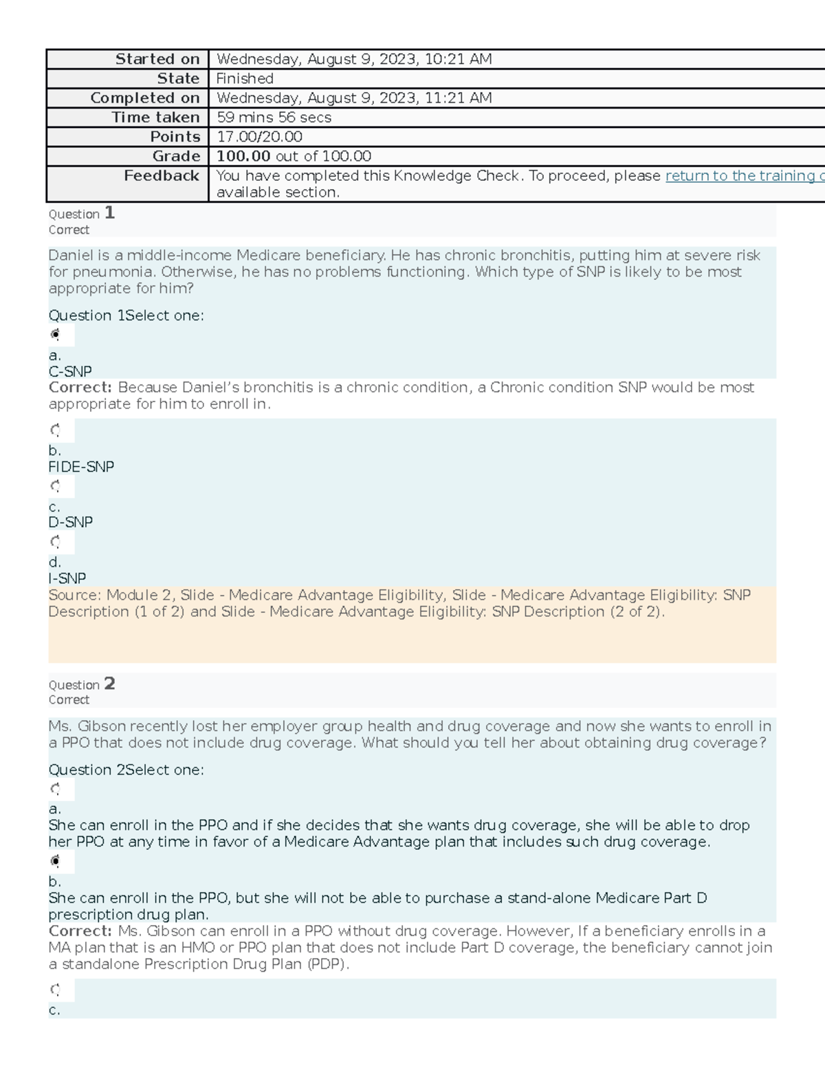 Module 2 Test Score 100 - Part C and Other Medicare Health Plans all ...
