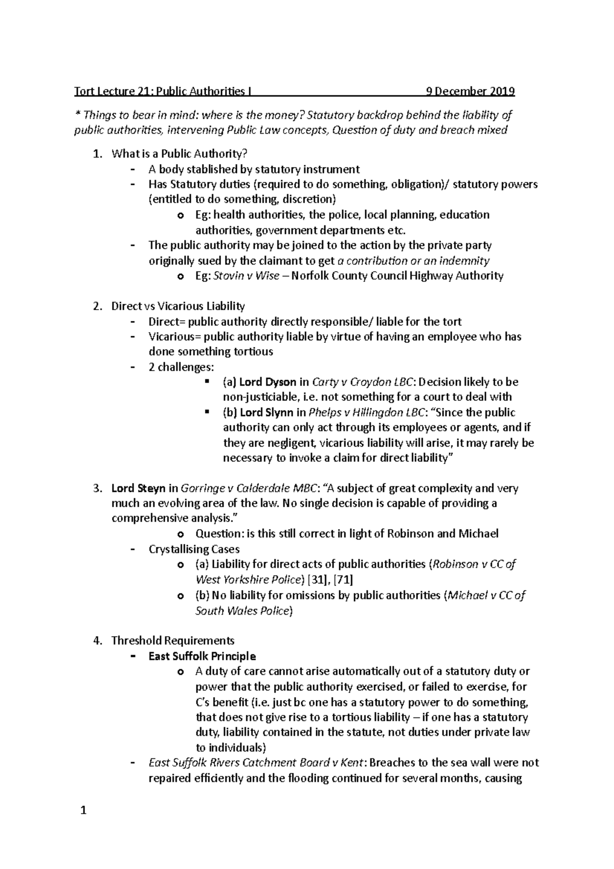 Tort Lecture 21 - Public Authorities I - The public authority may be ...