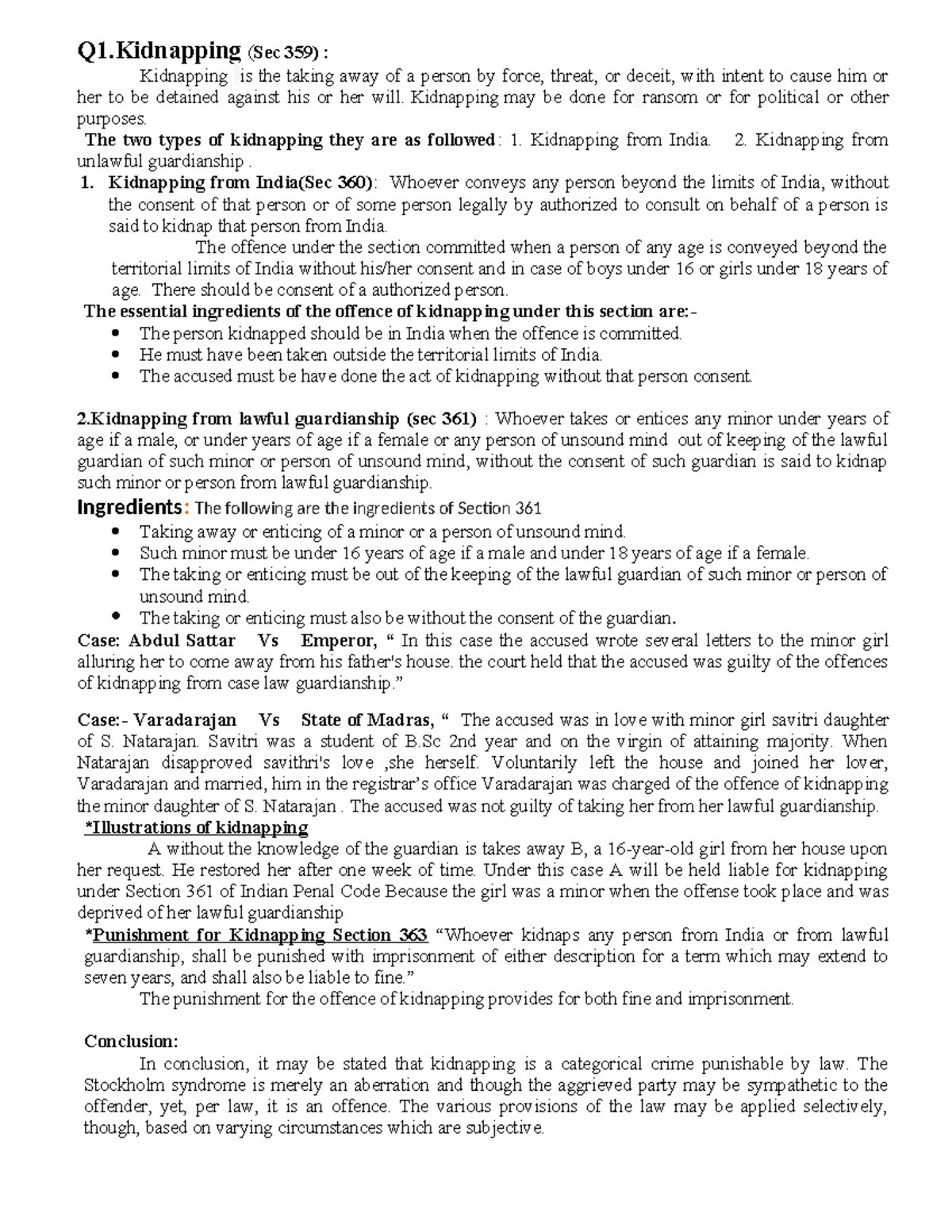 IPC solved question paper - Q1 (Sec 359) : Kidnapping is the taking ...