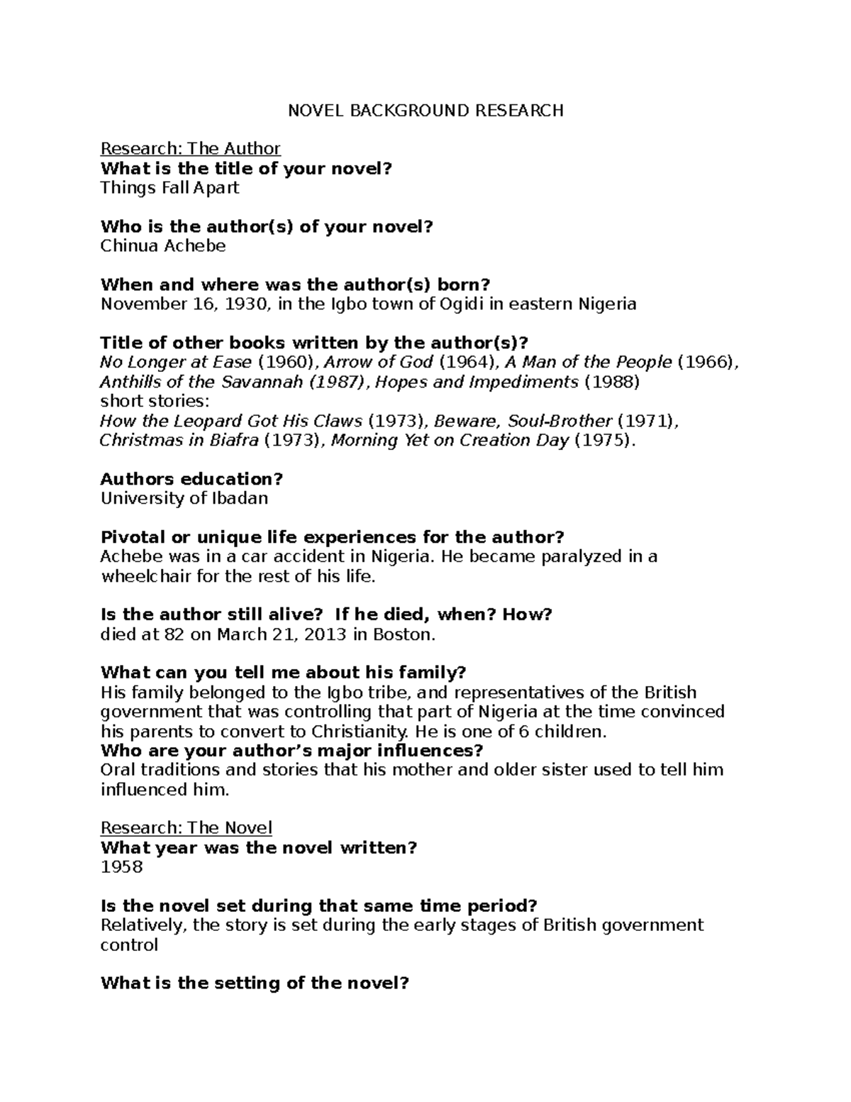 Novel Background Research - NOVEL BACKGROUND RESEARCH Research: The ...