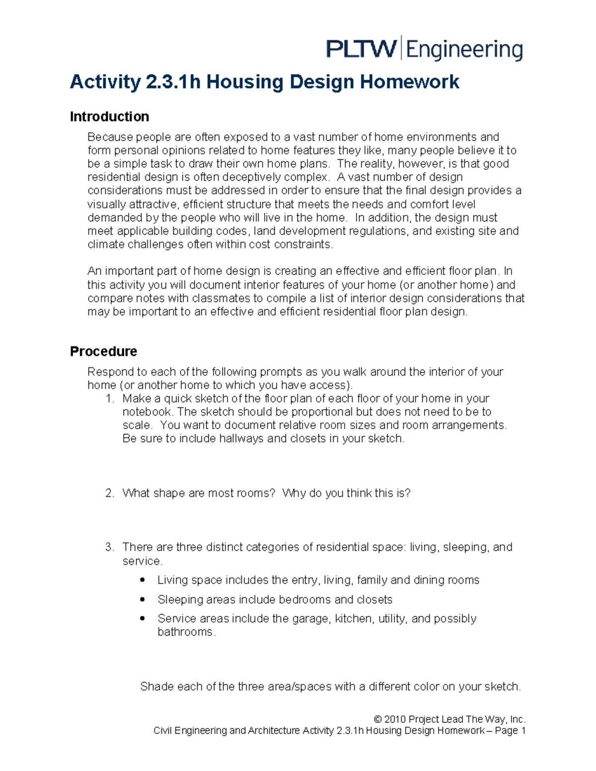 Cea 2 - Architecture notes - Activity 2.3 Housing Design Homework ...