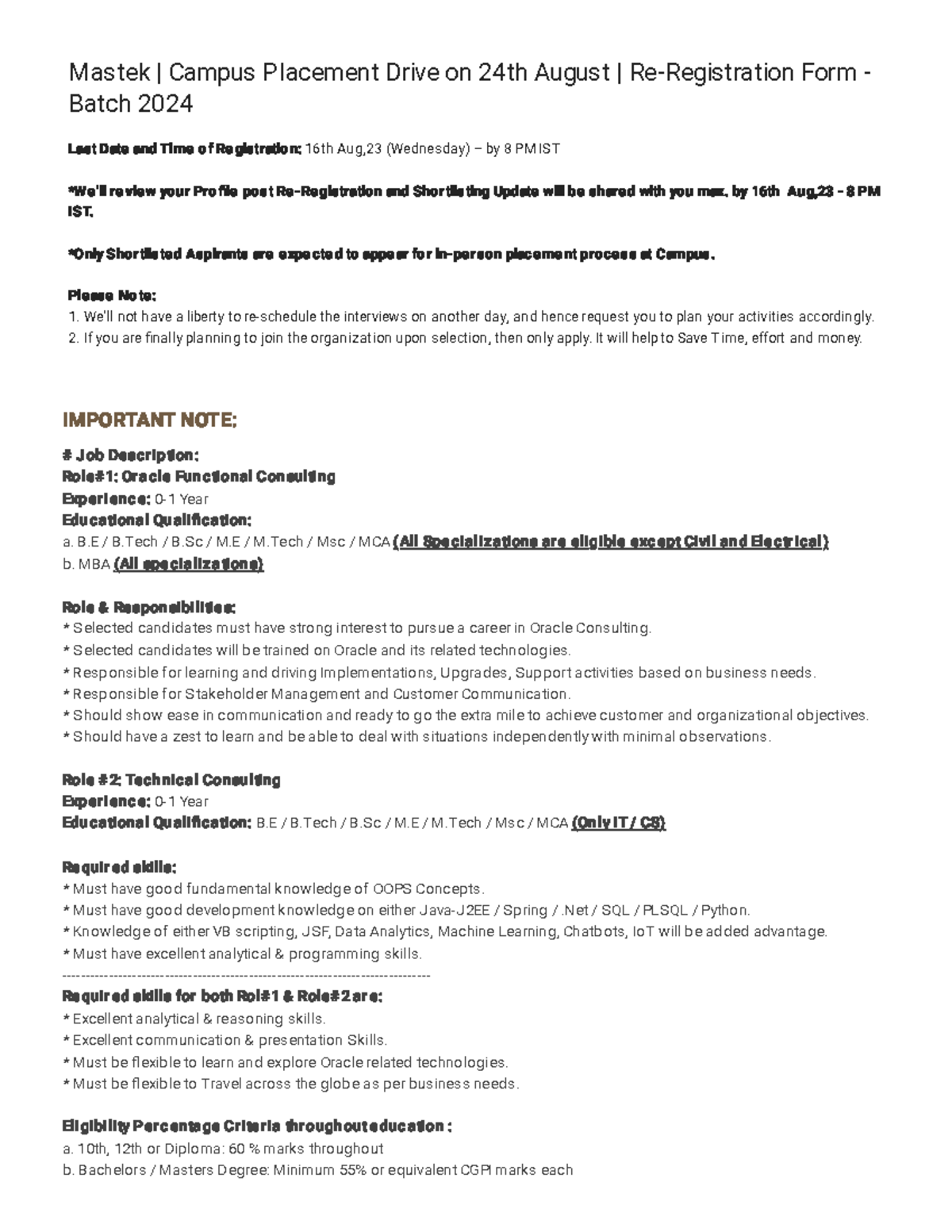 Mastek Campus Placement Drive on 24th August Re-Registration Form ...