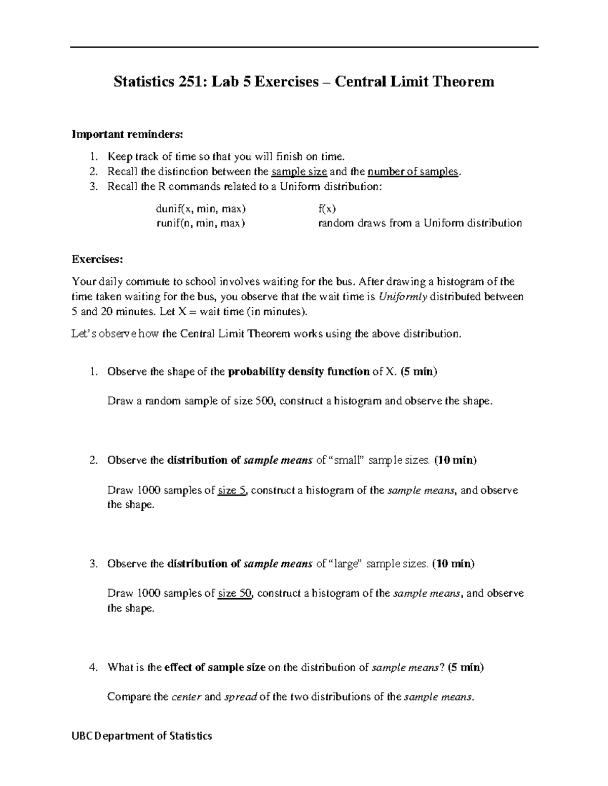 Lab5 V1 Exercises Lab Ubc Department Of Statistics Statistics 251 Lab 5 Exercises Central