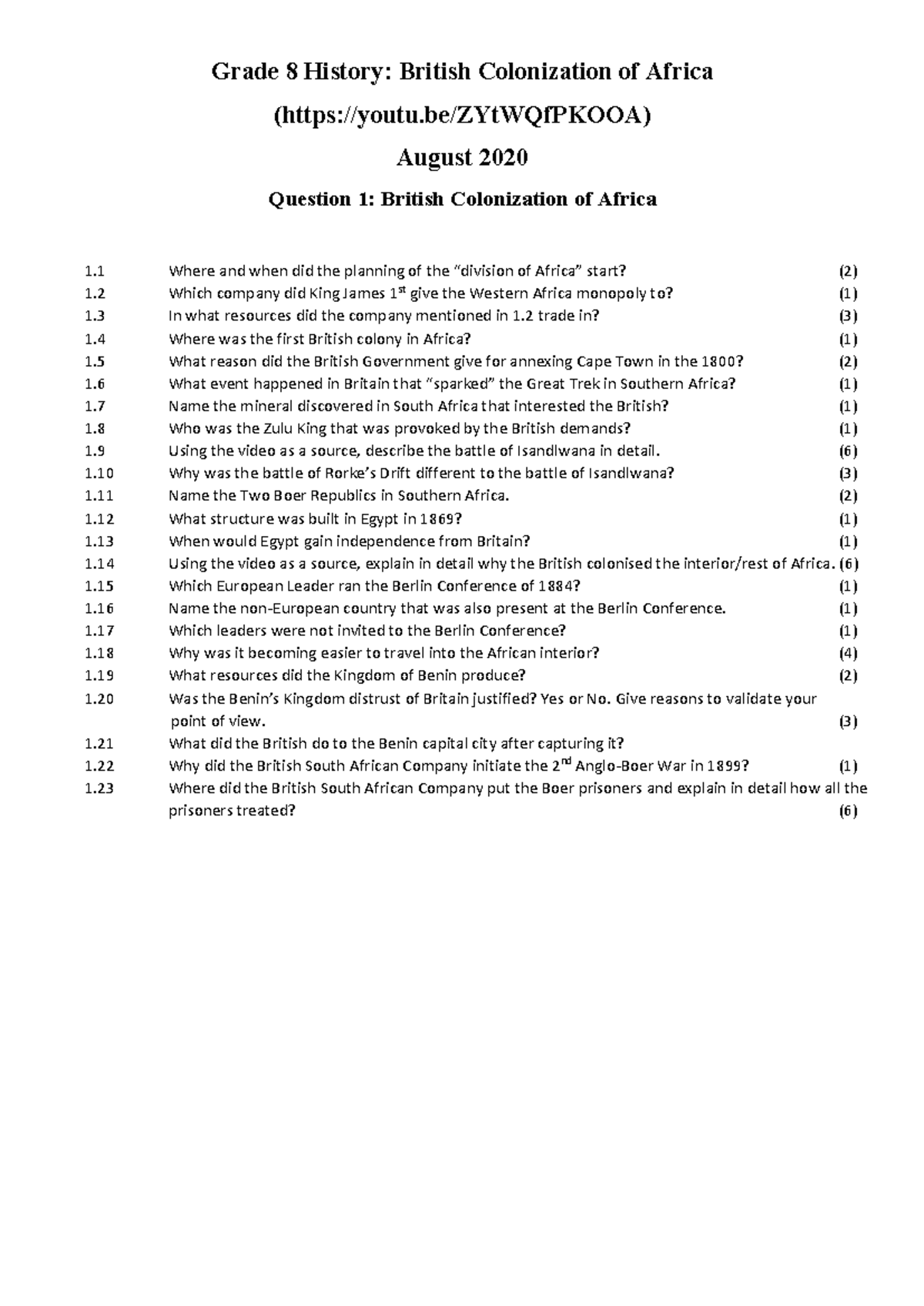 Colonisation Worksheet Question 1 - Grade 8 History: British ...