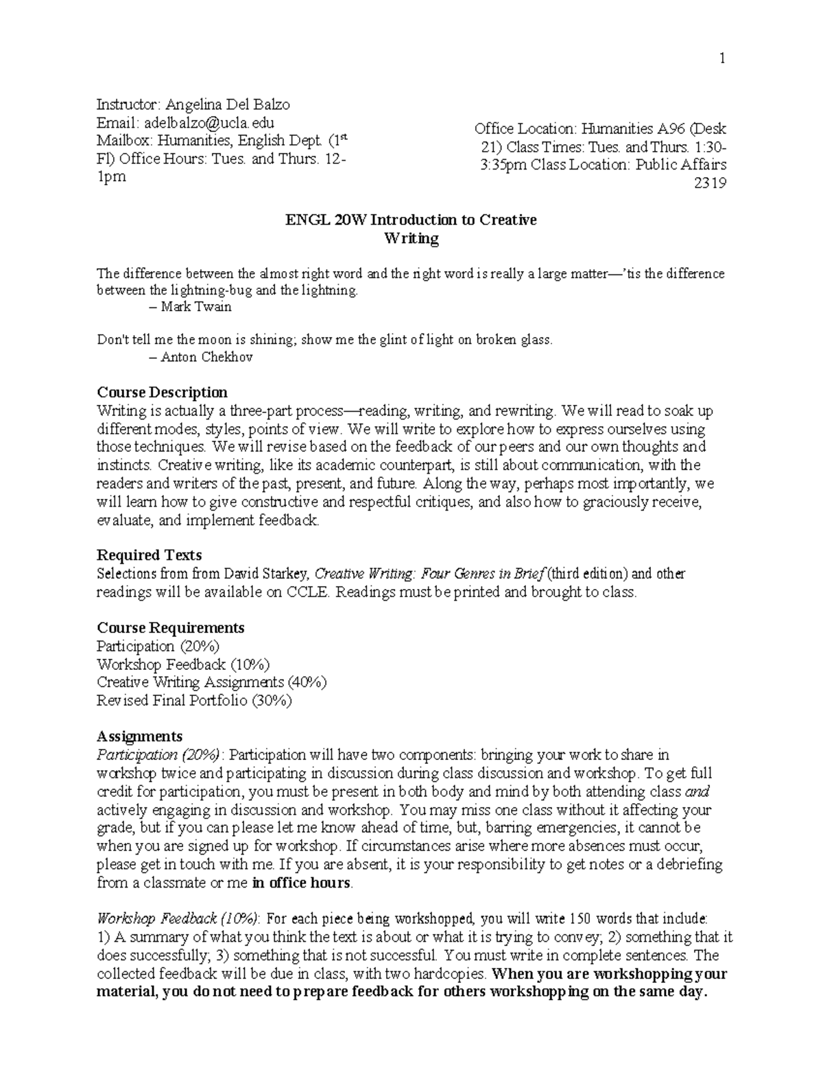 Syllabus Introduction to Creative Writin - Instructor: Angelina Del ...