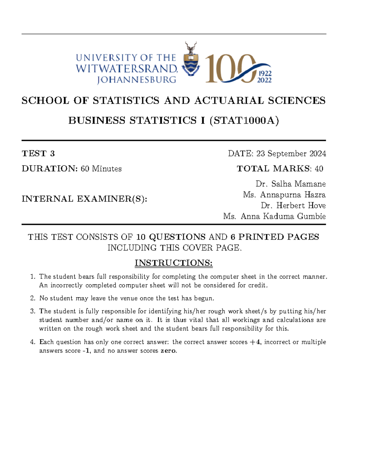 Test3-V2 - Past paper - SCHOOL OF STATISTICS AND ACTUARIAL SCIENCES ...
