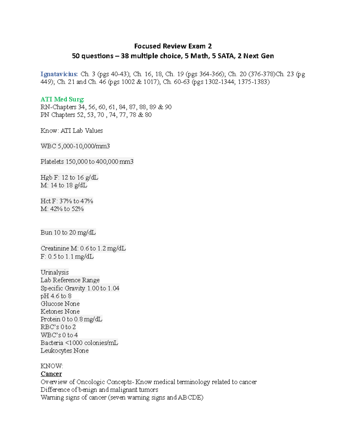 Focused Review Exam 2: Cancer GU and Urinary Tract Disorders - Studocu