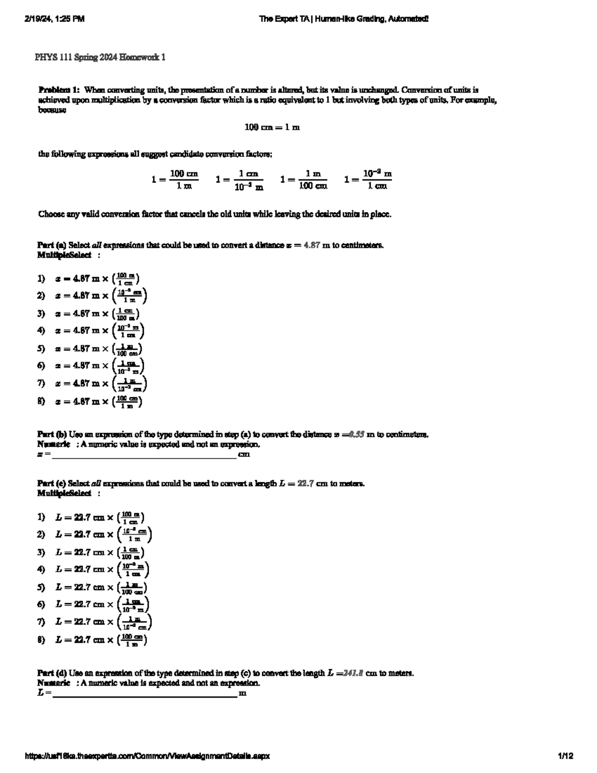 Physics HW 01 - Practice - PHYS 111 - Studocu