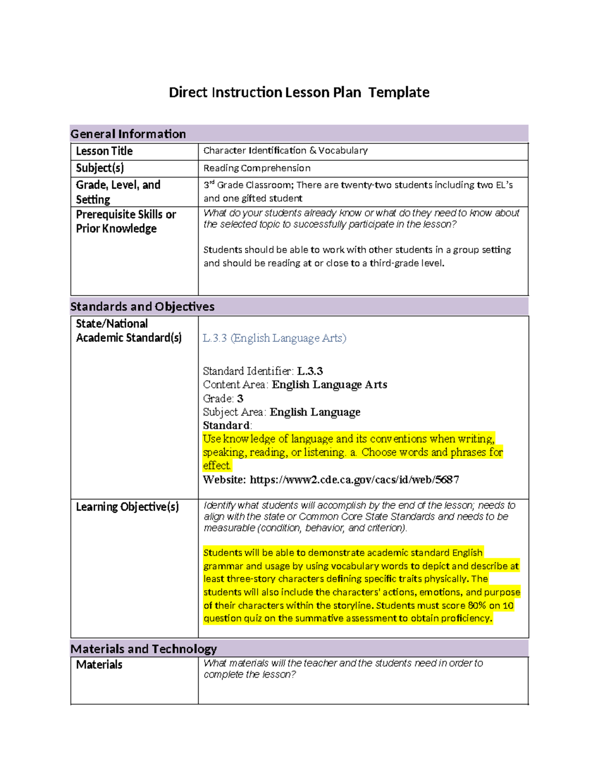 Direct Instruction Lesson Plan - Standards and Objectives State ...