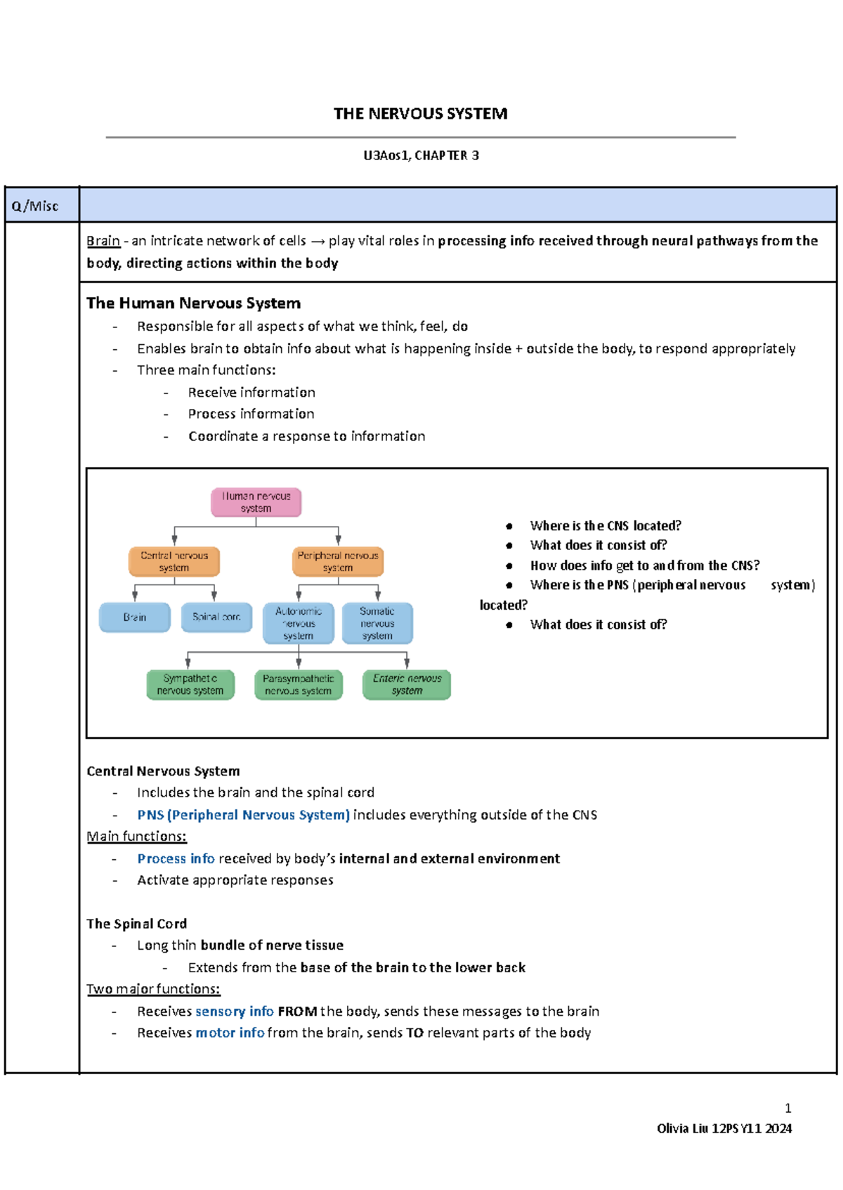 Psych U3Aos1 NS notes - THE NERVOUS SYSTEM U3Aos1, CHAPTER 3 Q/Misc ...