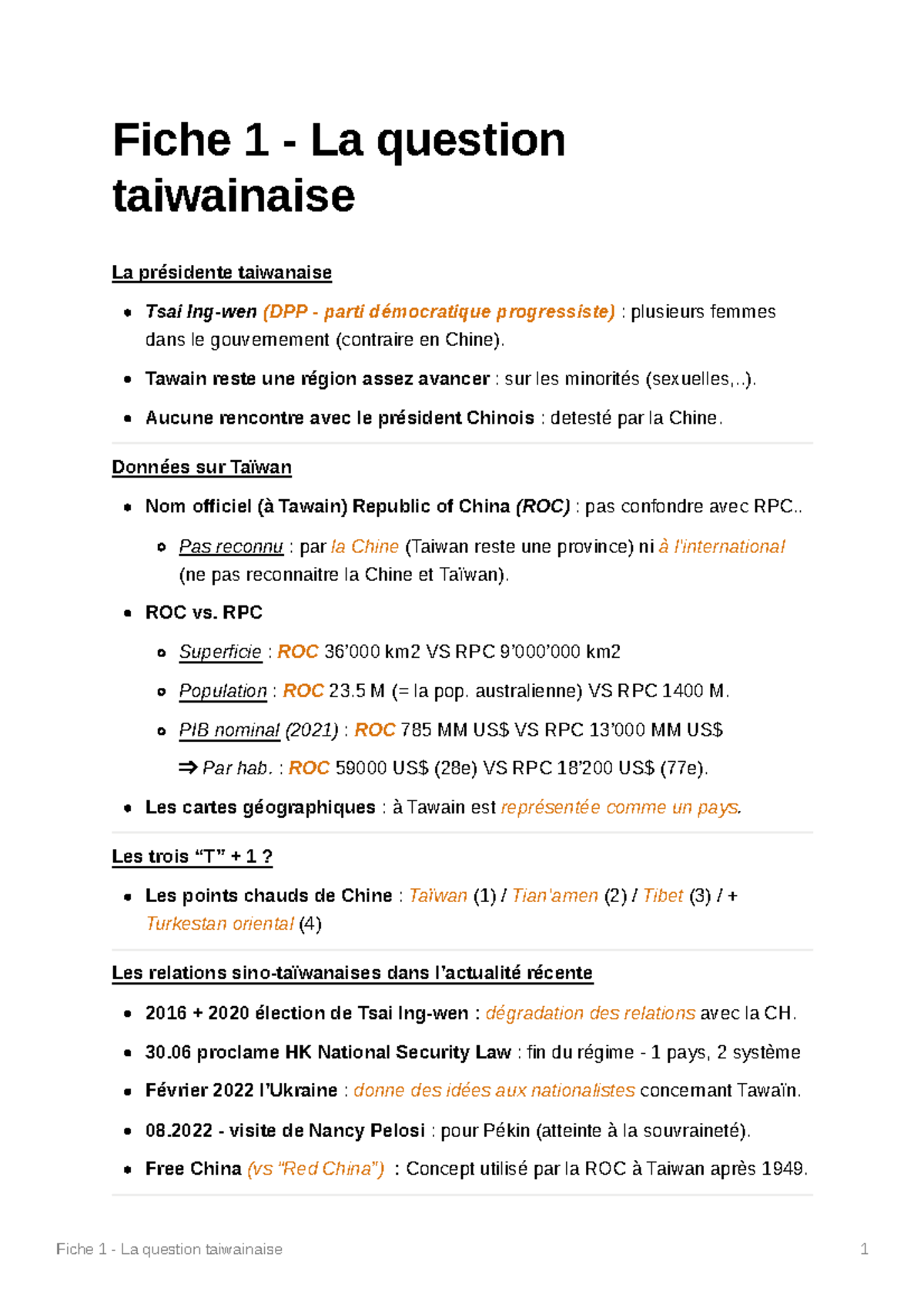 Fiche 0 - TOUT - Notes du cours - Fiche 1 - La question taiwainaise 1 ...