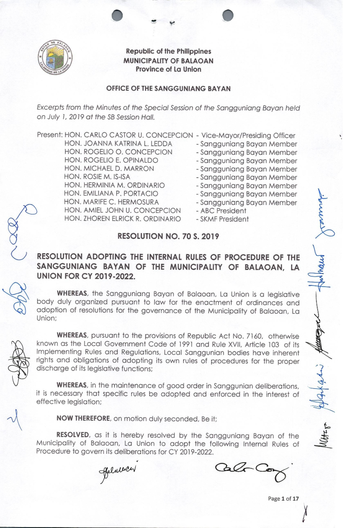 Resolution No. 70 S. 2019 - Adopting the Internal Rules of Procedure of ...